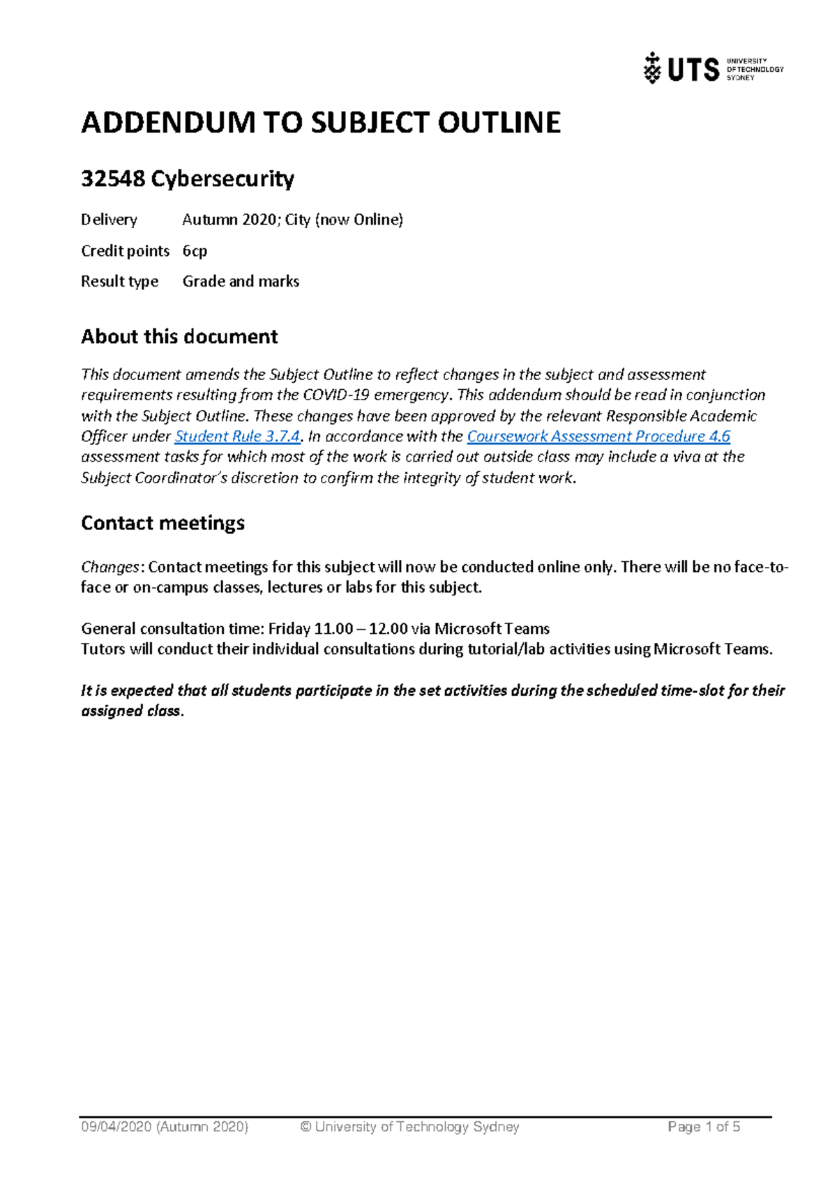 32548 Subject Outline Addendum AUT 2020 v3 - Warning: TT: undefined function: 32 Warning: TT ...