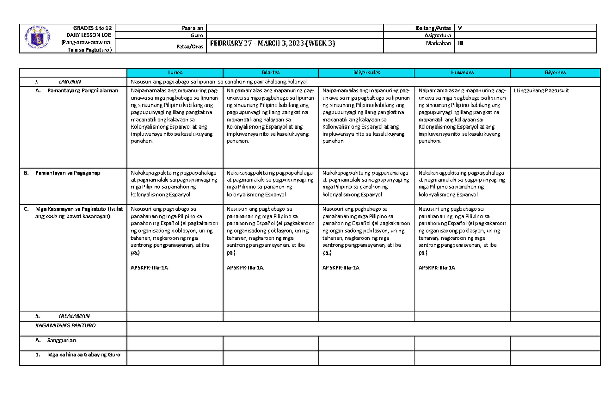 Grade 5 DLL Araling Panlipunan 5 Q3 Week 3 - GRADES 1 to 12 DAILY LESSON LOG (Pang-araw-araw na ...
