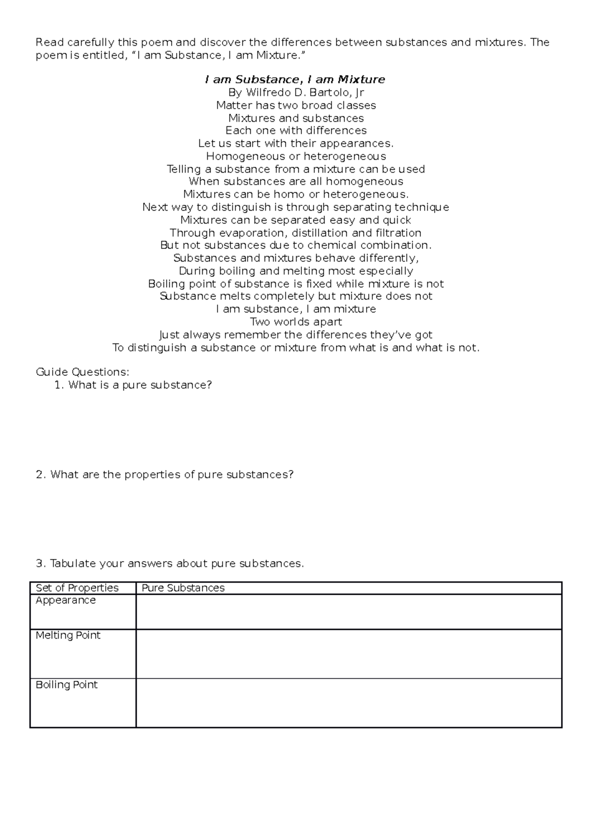 Activity Pure substance - Read carefully this poem and discover the ...