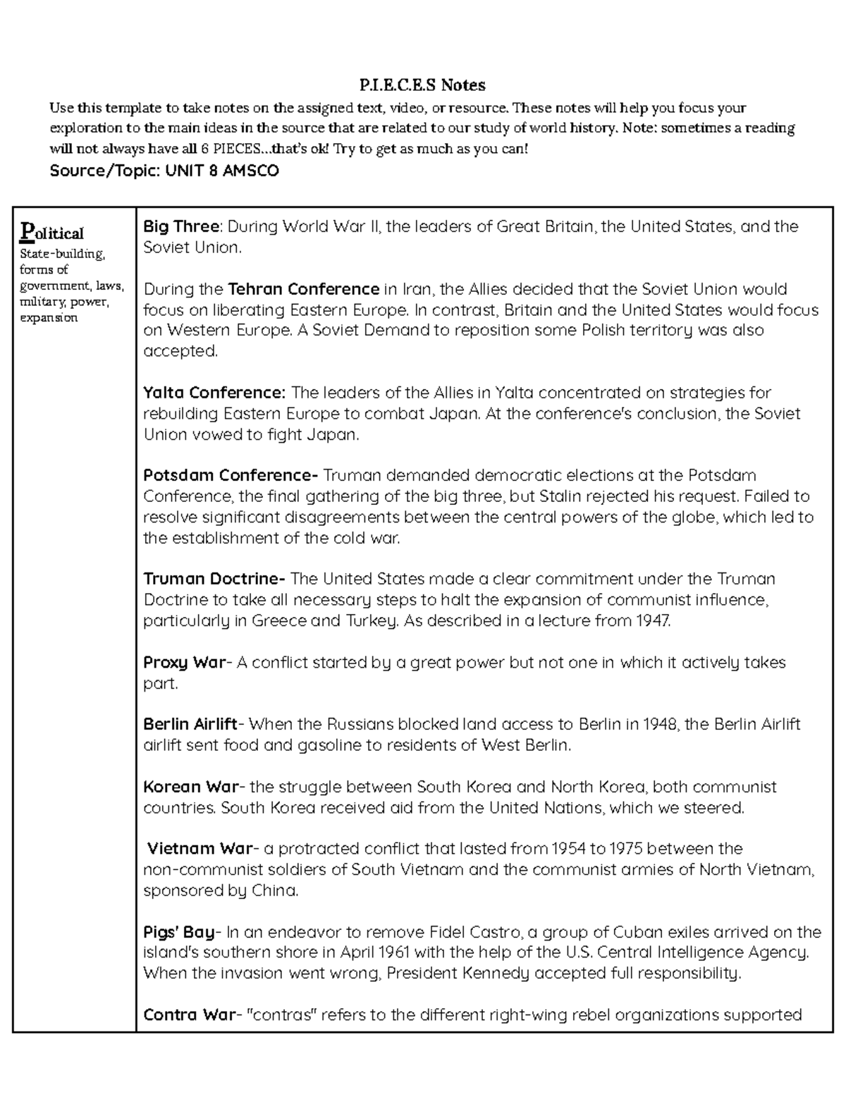 Proxy war of the Cold War l U.S Affairs - P.I.E.C.E Notes Use this ...