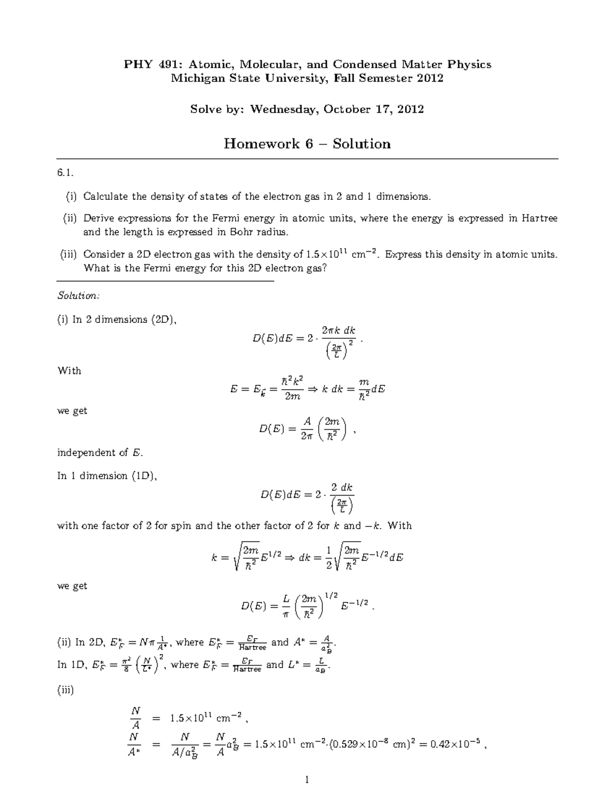 Seminar assignments - Homework exercise 6 - 10 and solutions - PHY 491 ...