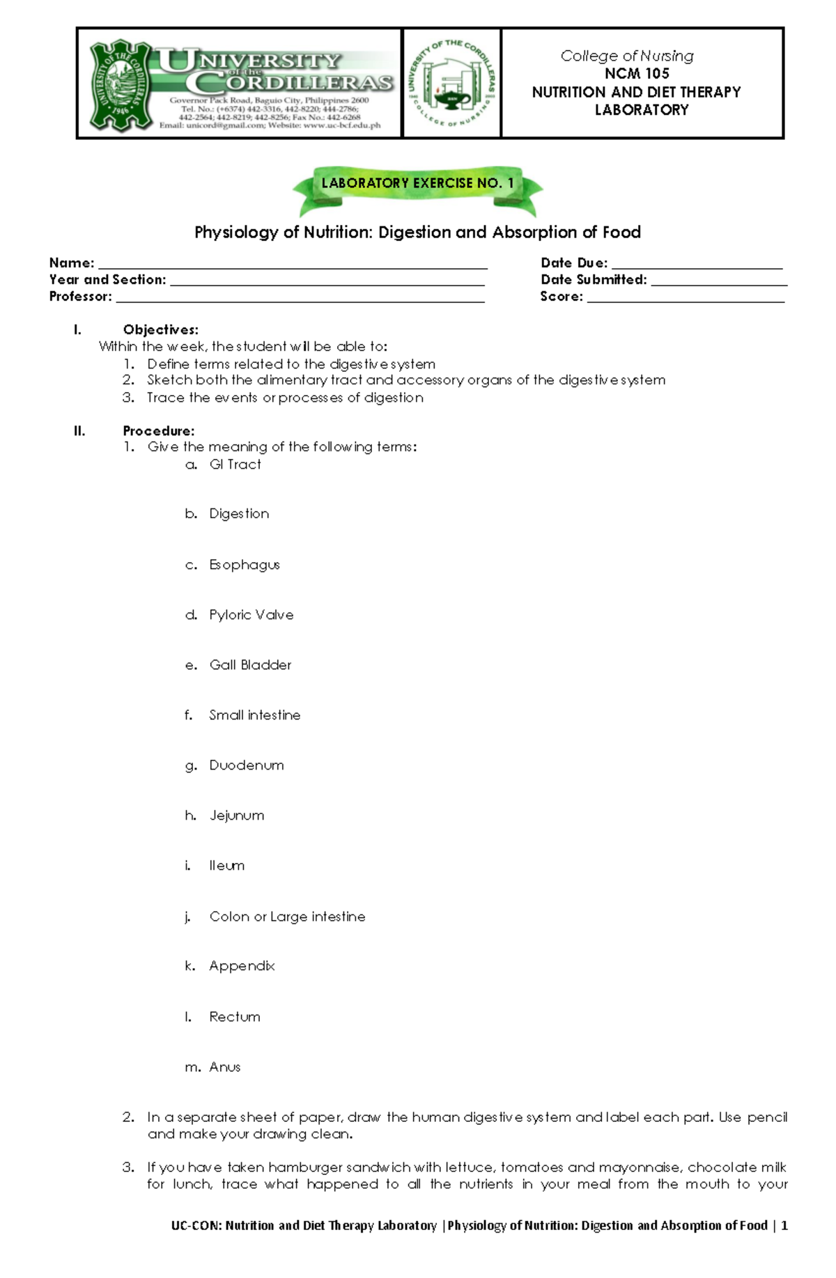 Nutrition and Diet Therapy Laboratory Exercises 1 - UC-CON: Nutrition ...