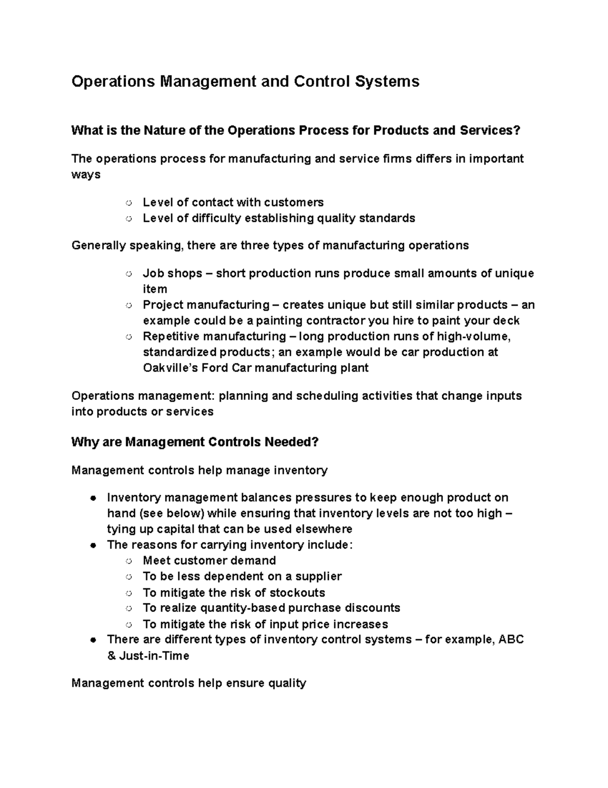 Operations Management and Control Systems - Many companies now place ...