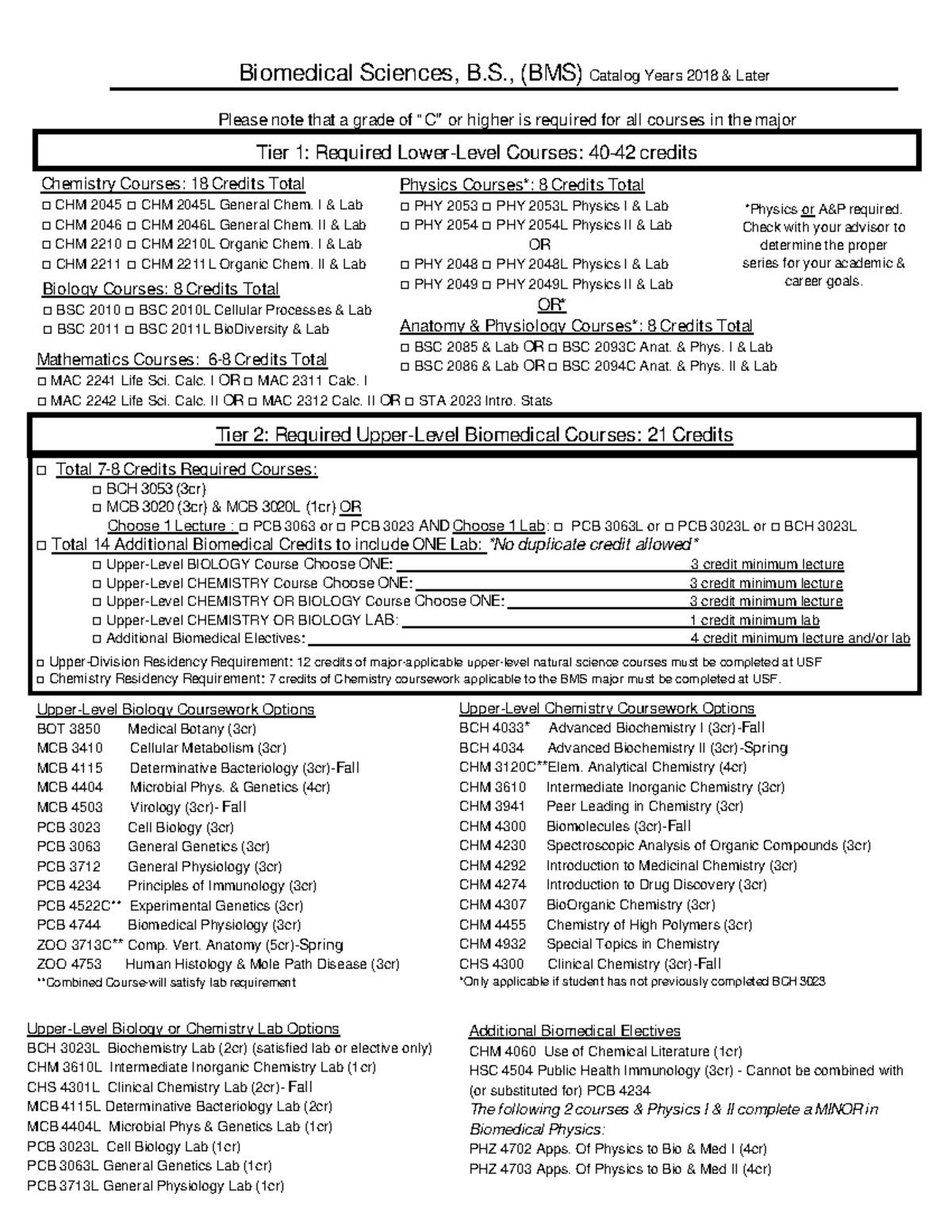 BMS Degree Sheet 2743602 Biomedical Sciences B BMS Catalog Years