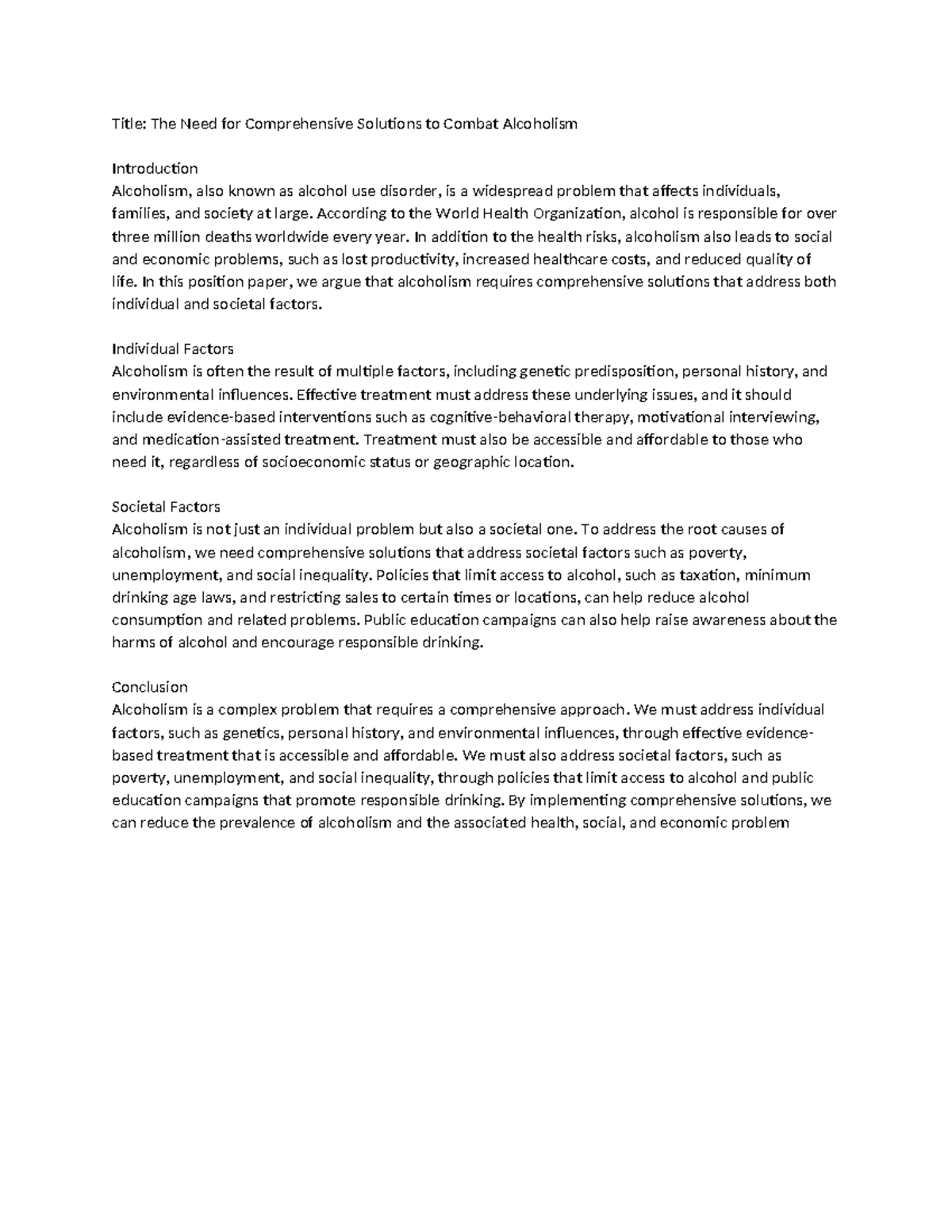 Alcohol - Title: The Need for Comprehensive Solutions to Combat ...