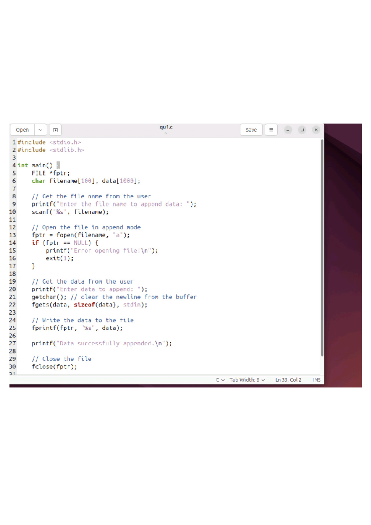 Week-6 1944 - See the work - qu1 Open Save 1 2 3 4 int main() 5 FILE 6 char 7 8 Get the file ...