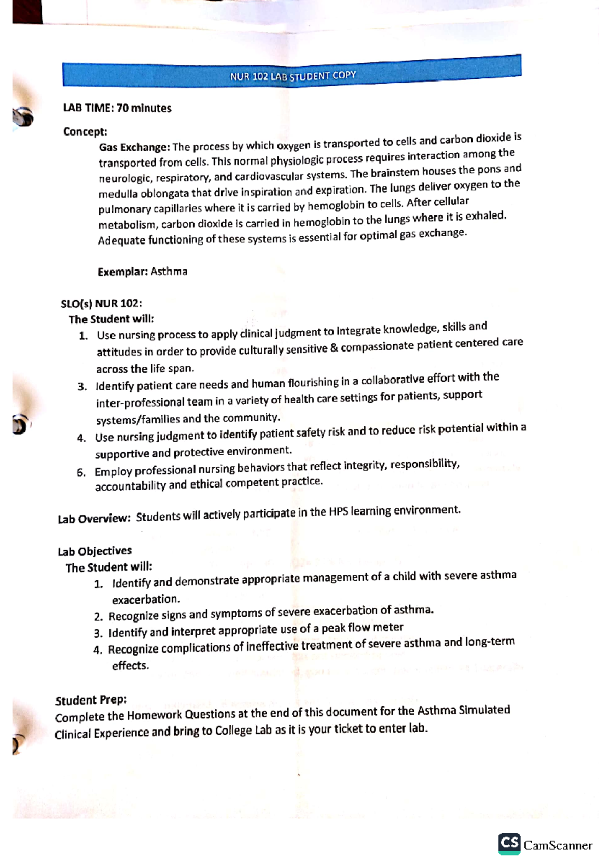 Nur 102 lab hps gas echange - NUR 102 - Studocu