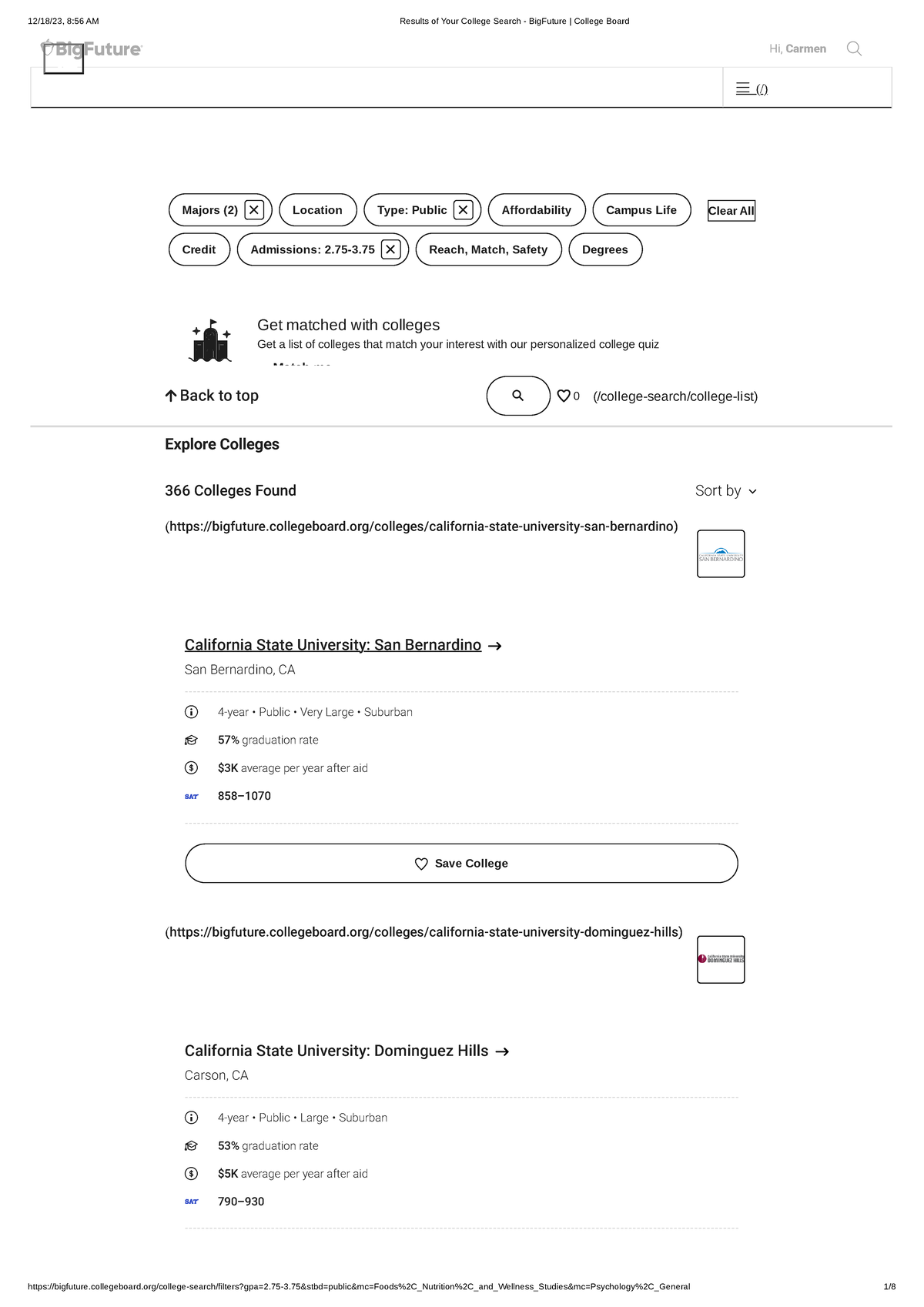 Results of Your College Search - Big Future College Board - (/) Explore ...
