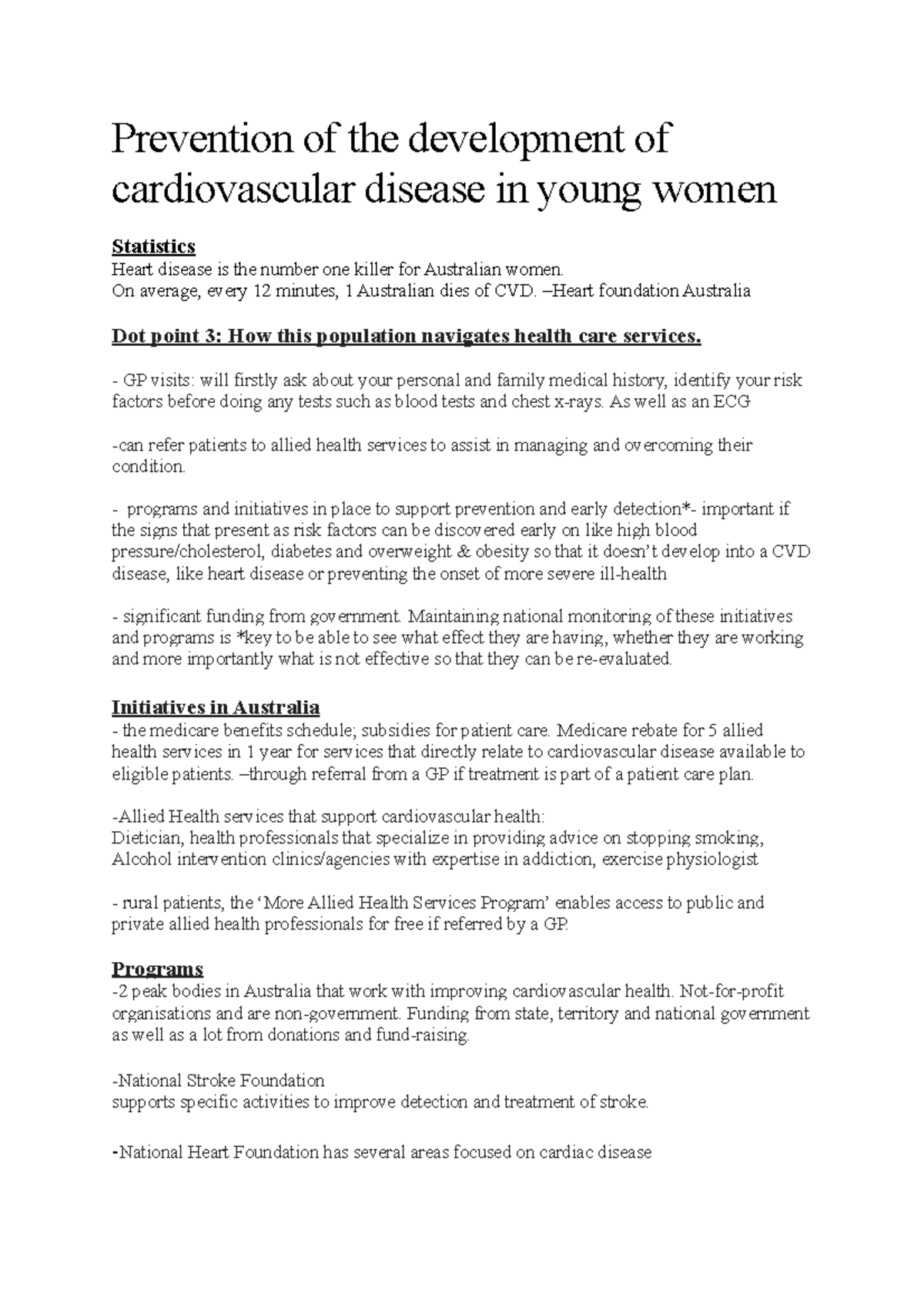 Preventing CVD in young women notes - Prevention of the development of ...