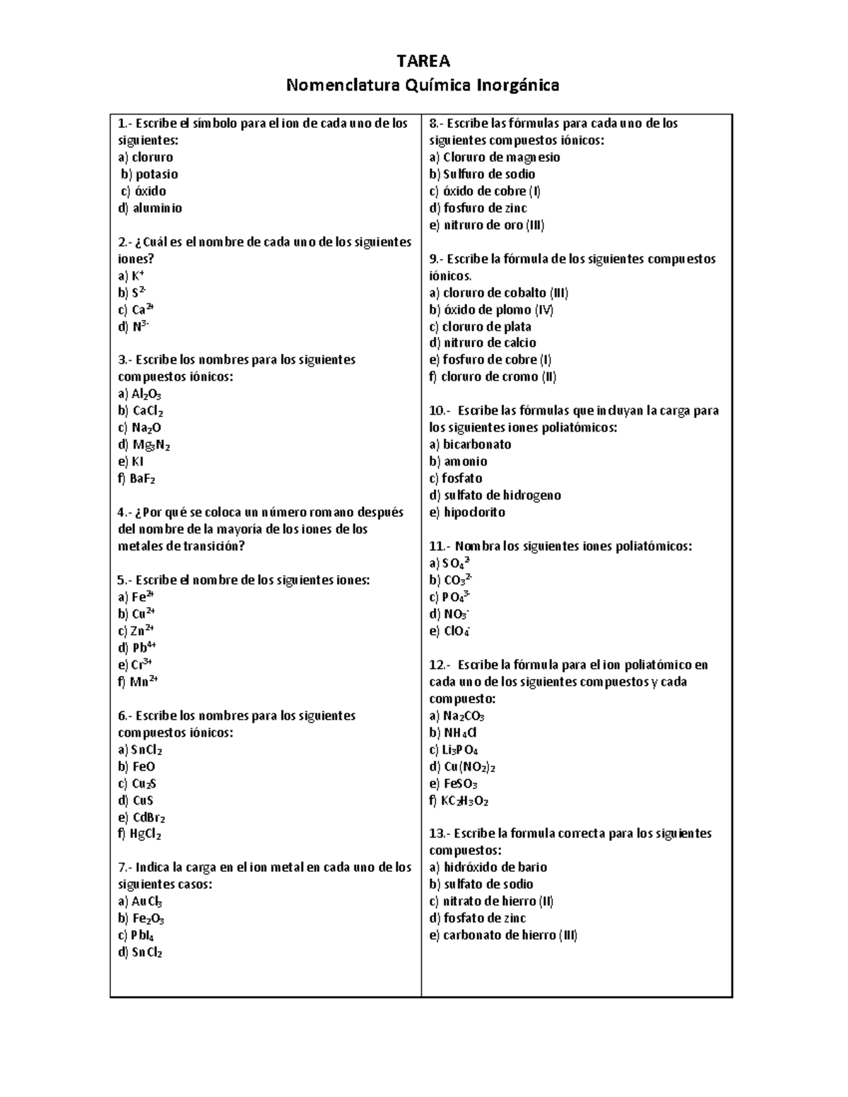 III. Tarea Química Inorgánica - TAREA Nomenclatura Química Inorgánica 1.- Escribe el símbolo ...