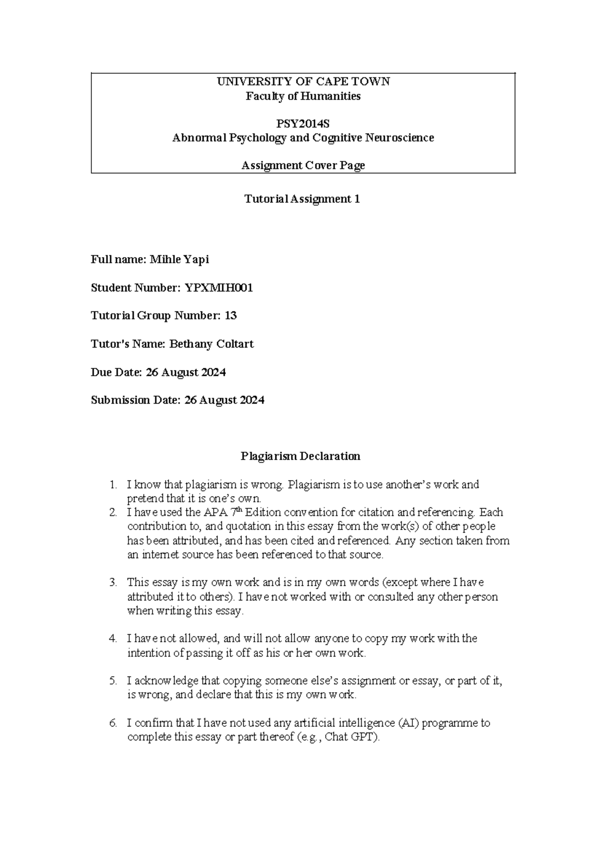 PSY2014 S Tutorial Assignment 1 - UNIVERSITY OF CAPE TOWN Faculty of Humanities PSY2014S ...