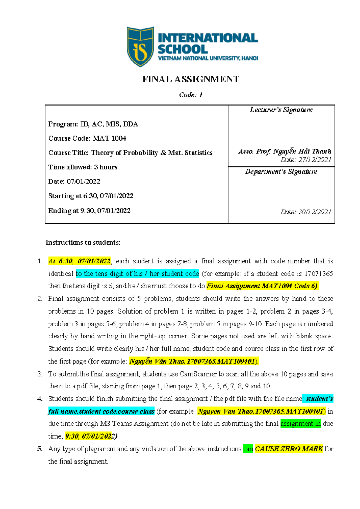 Final Assignment MAT1004 Code 1 - FINAL ASSIGNMENT Code: 1 Program: IB, AC, MIS, BDA Course Code ...