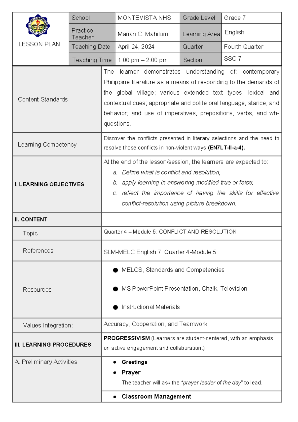 Lesson Plan Module 5 - Content Standards The learner demonstrates ...