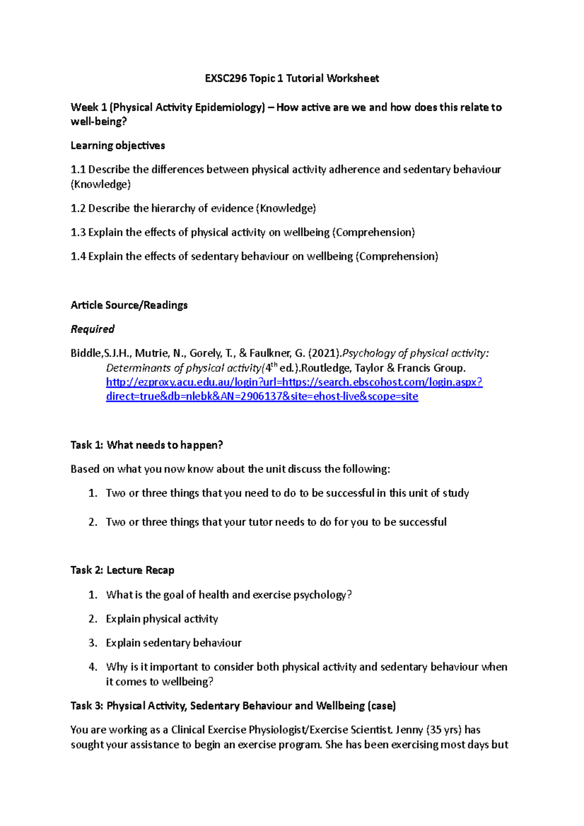 EXSC296 Week 1 Tutorial Worksheet (2021) - Student Version Strathfield ...