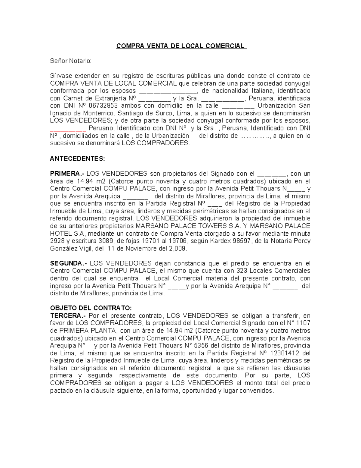 Modelo de Minuta de Compra Venta Local Comercial - COMPRA VENTA DE ...