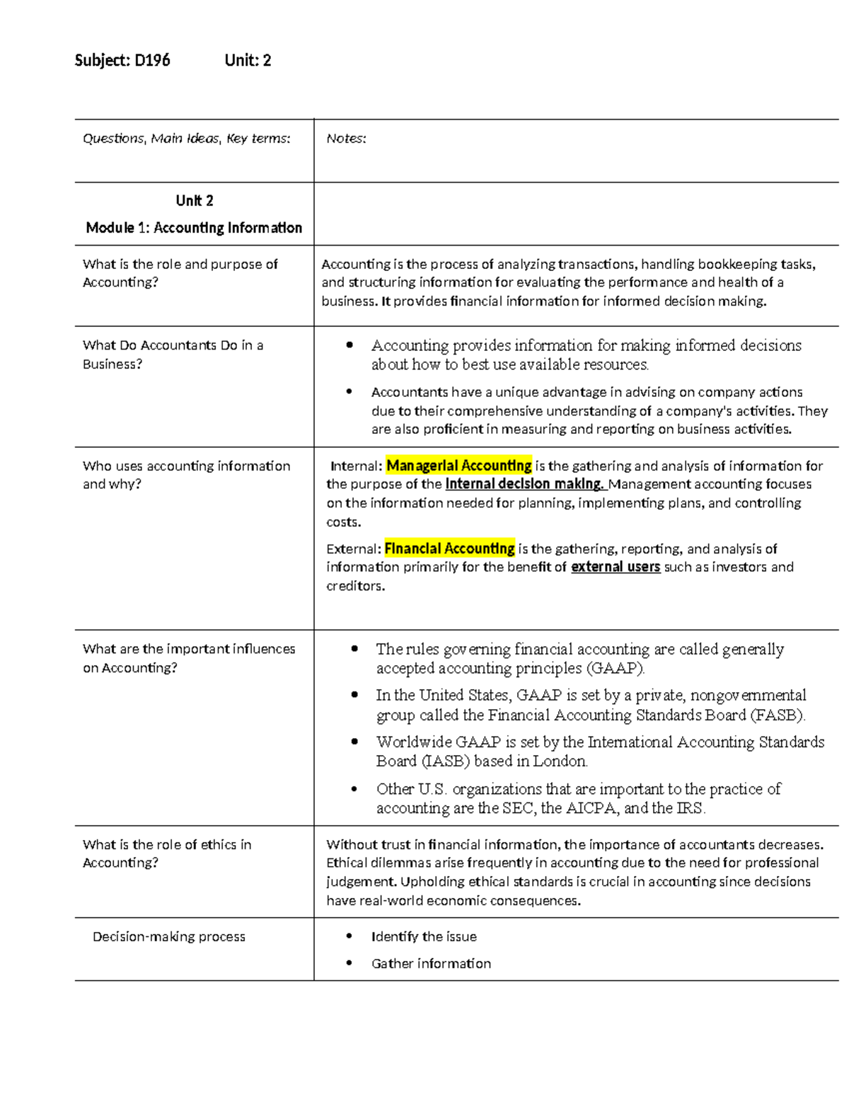 D196 managerial and financial accounting unit 2 notes - Questions, Main ...