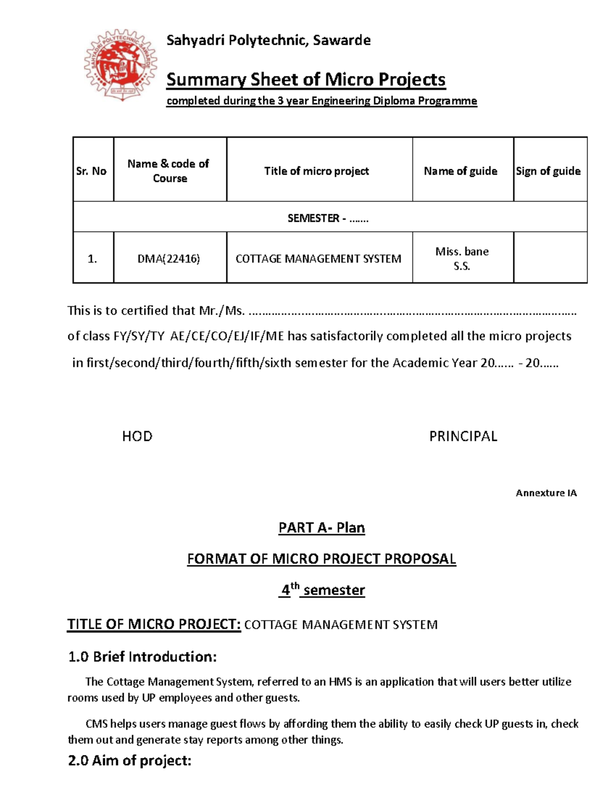 DMA Micro- Project CMT - Sahyadri Polytechnic, Sawarde Summary Sheet of ...