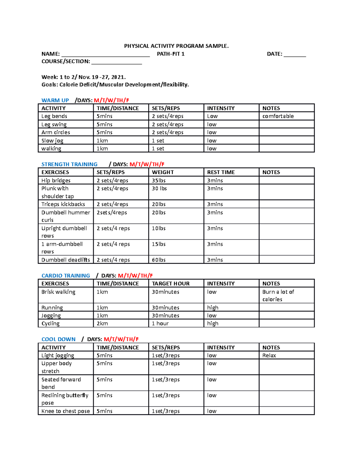 Program Exercise Sample PHYSICAL ACTIVITY PROGRAM SAMPLE NAME program-exercise-sample-physical-activity-program-sample-name