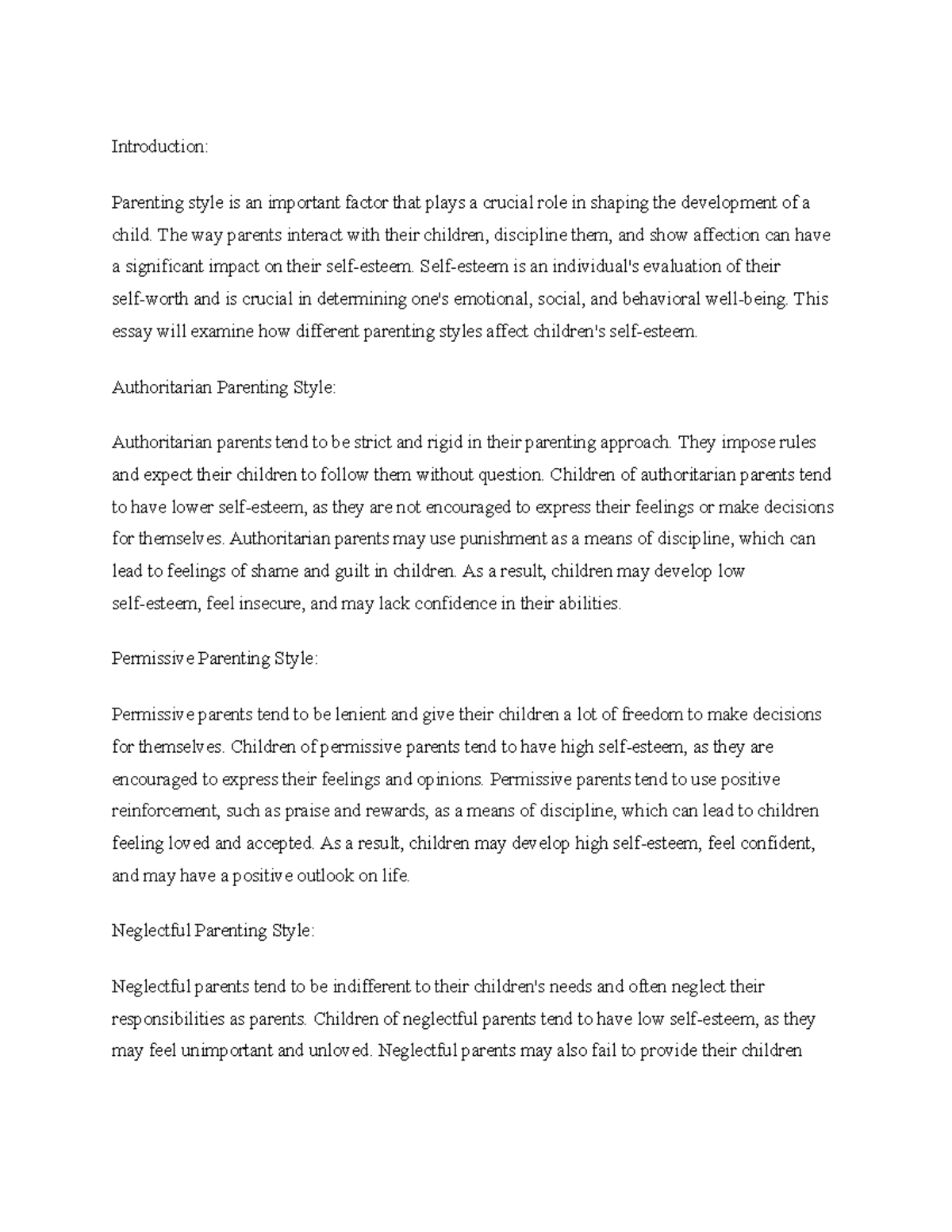 Title The Influence of Parenting Styles on Children's Self-Esteem ...