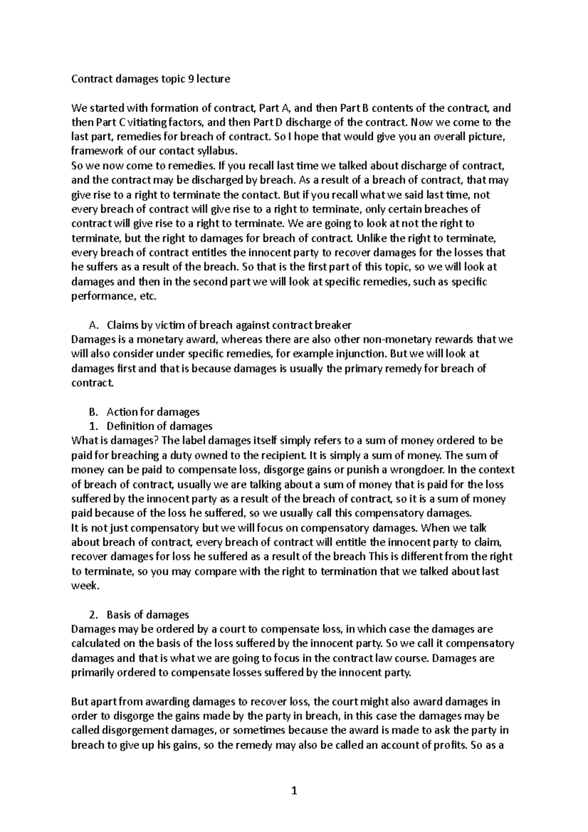 Contract damages topic 9 lecture - Contract damages topic 9 lecture We ...