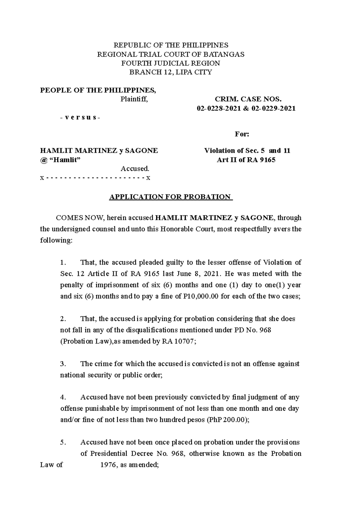 Application for Probation only hamlit - REPUBLIC OF THE PHILIPPINES ...