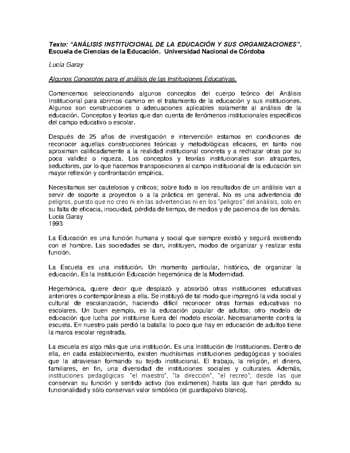 Lucia Garay - Analisis institucional de la educacion y sus ...