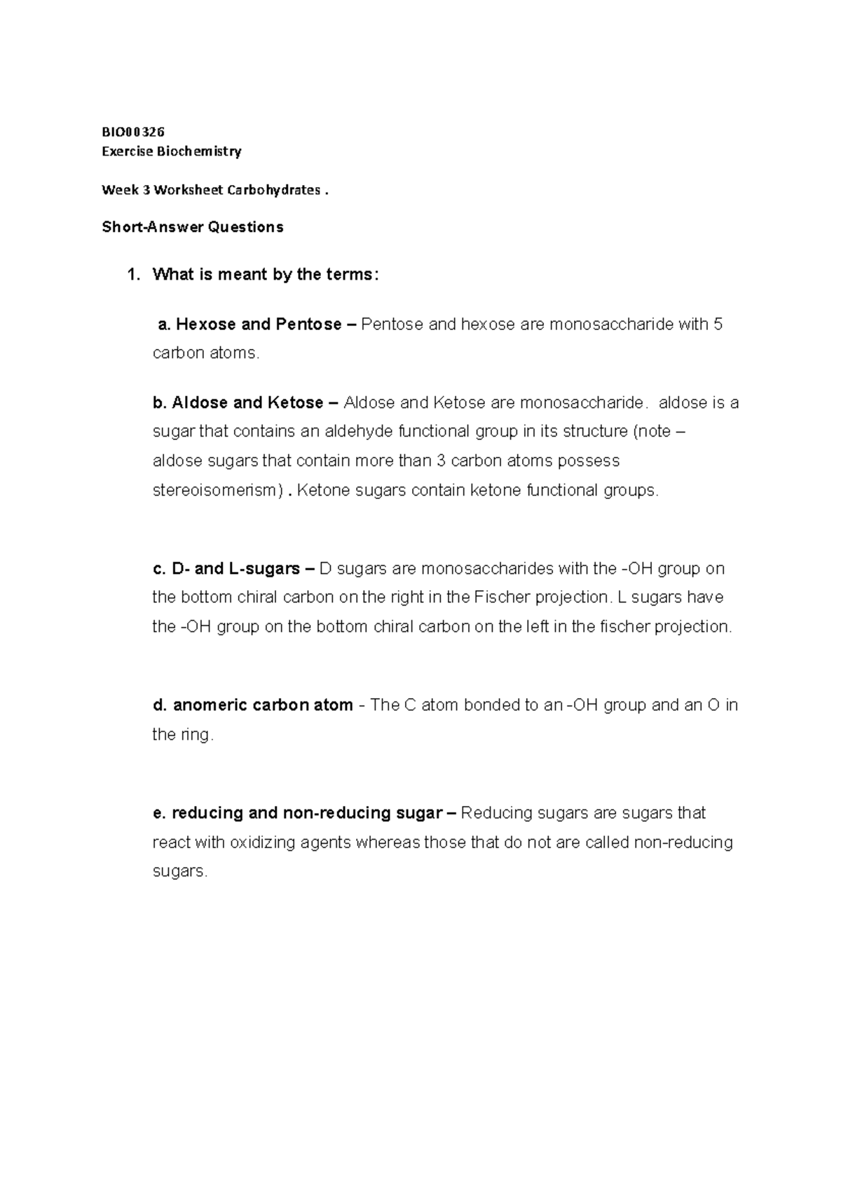 Week 3 Worksheet Carbohydrates . - BIO Exercise Biochemistry Week 3 ...