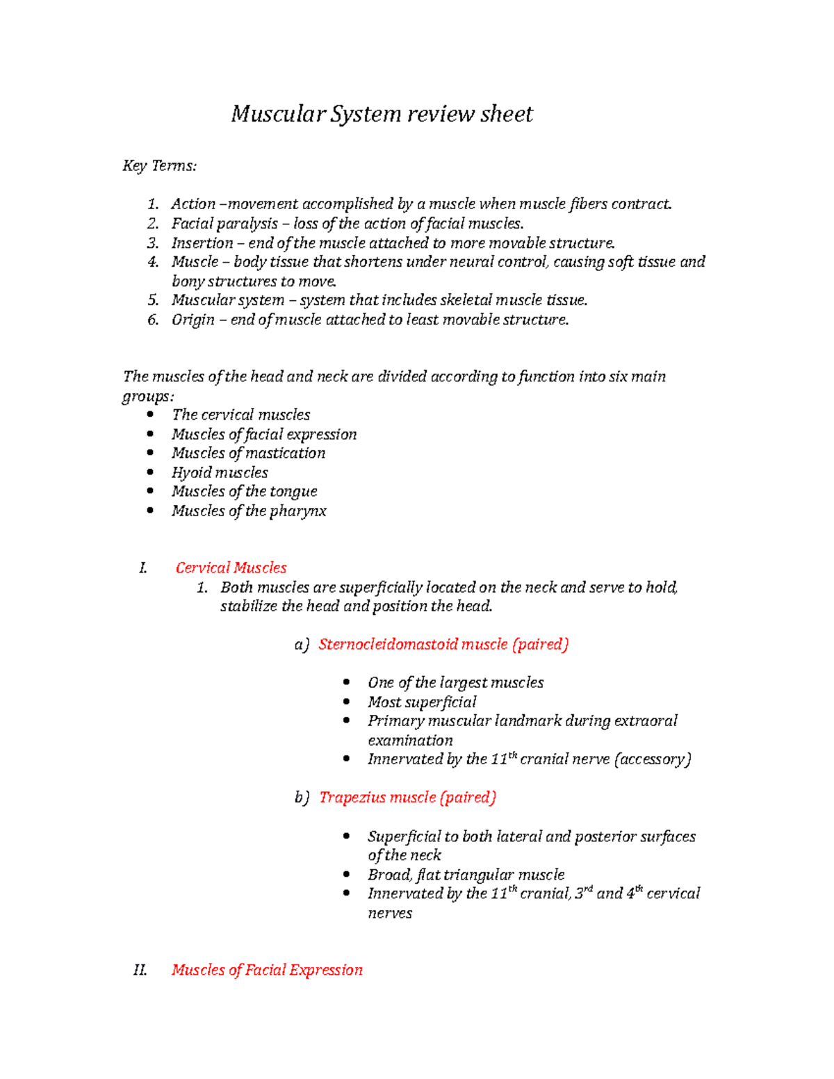 Muscular System review sheet - Facial paralysis – loss of the action of ...