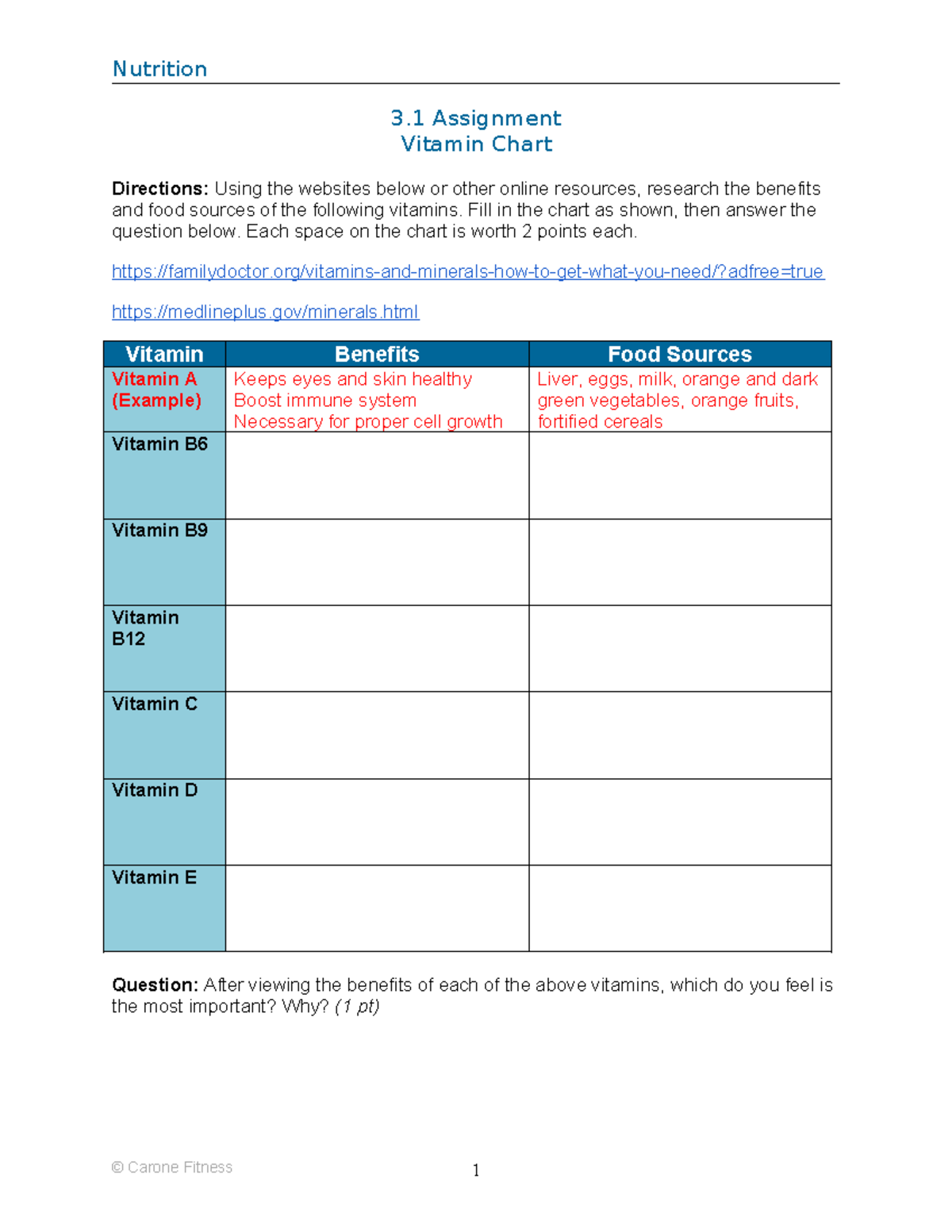 health and wellness - Nutrition 3 Assignment Vitamin Chart Directions ...
