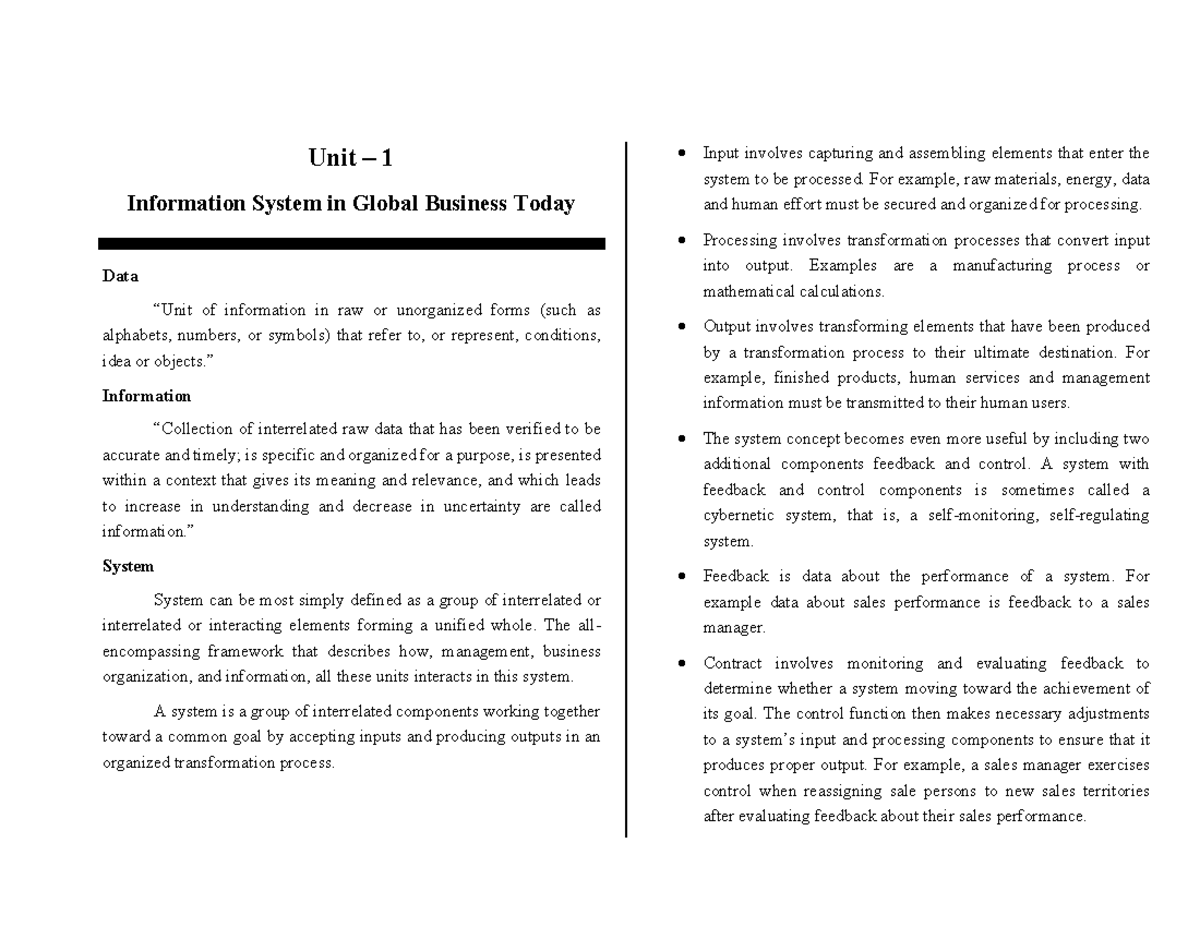 MIS-Full-Notes - Complete notes - Unit – 1 Information System in Global ...