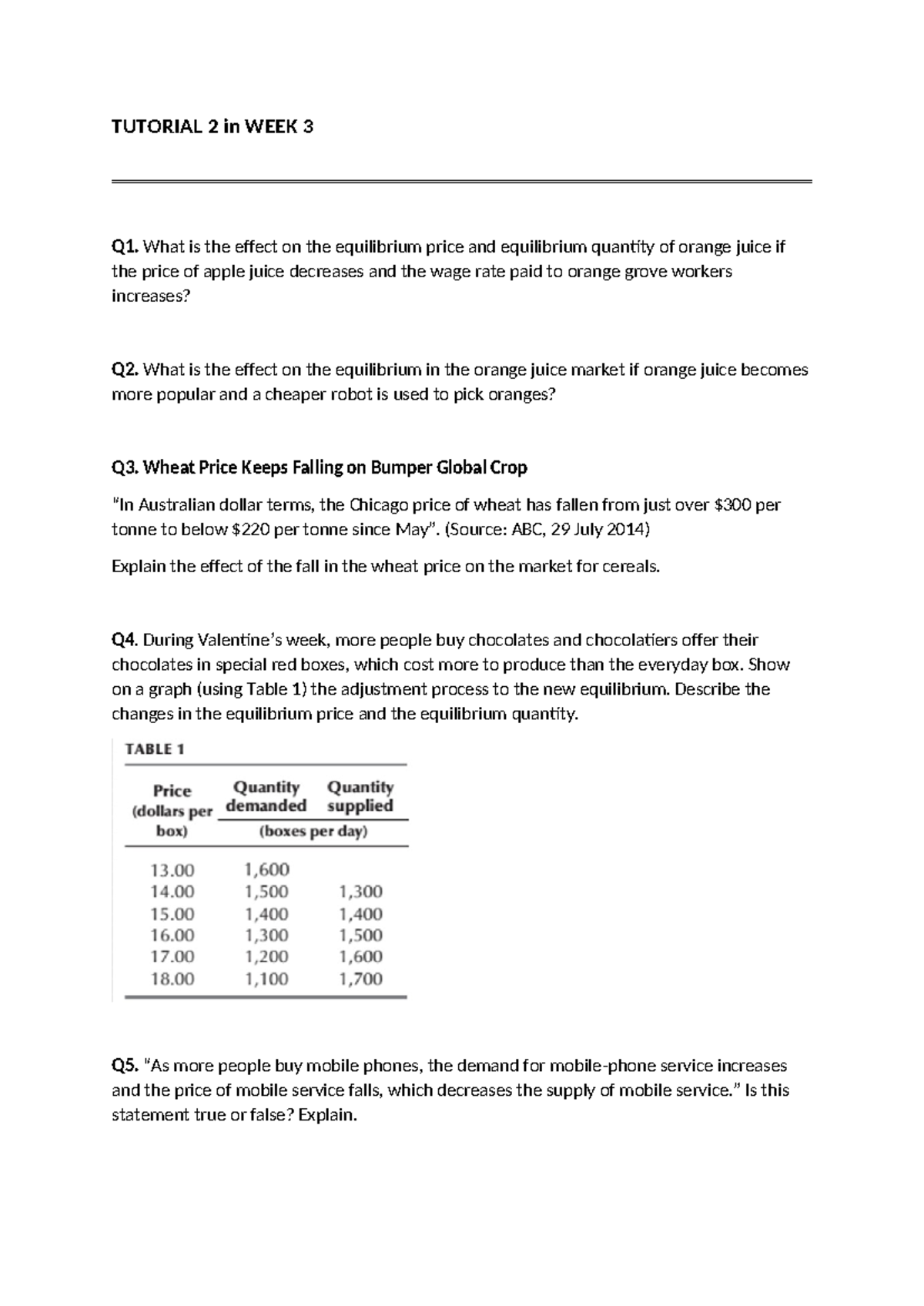 Tutorial 2 in WEEK 3-3 - TUTORIAL 2 in WEEK 3 Q1. What is the effect on the equilibrium price ...