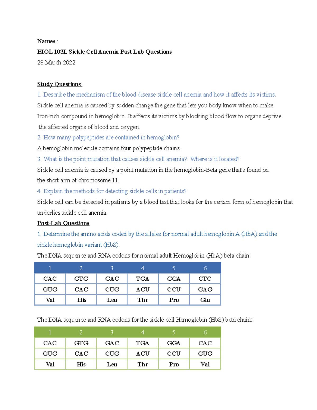 Sickle Cell Group Post-Lab - Names : BIOL 103L Sickle Cell Anemia Post ...