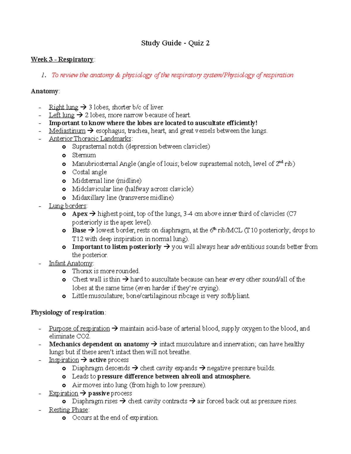 AHA Quiz 2 SG - Study Guide - Study Guide - Quiz 2 Week 3 - Respiratory: To review the anatomy ...