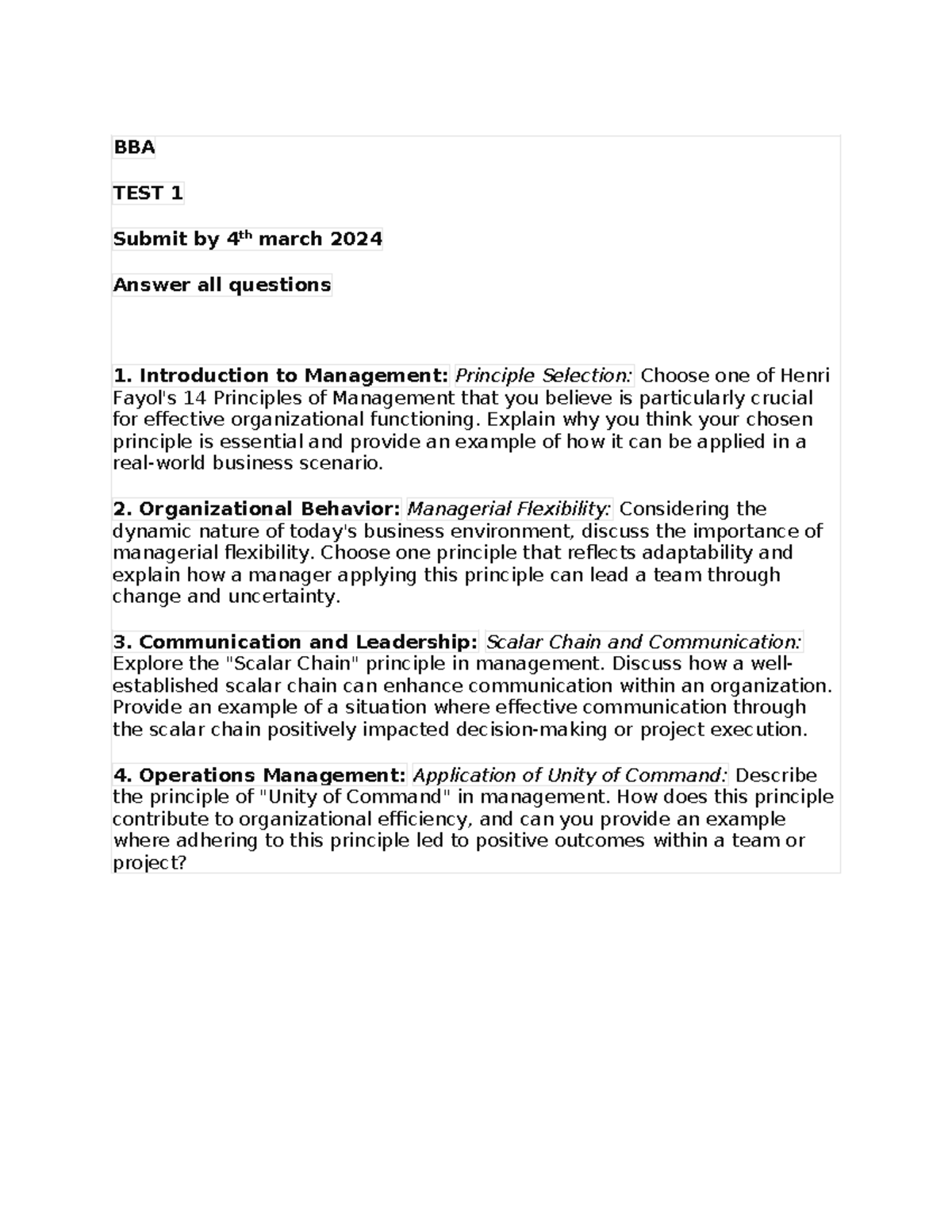 BBA TEST - BBA TEST 1 Submit by 4th march 2024 Answer all questions ...