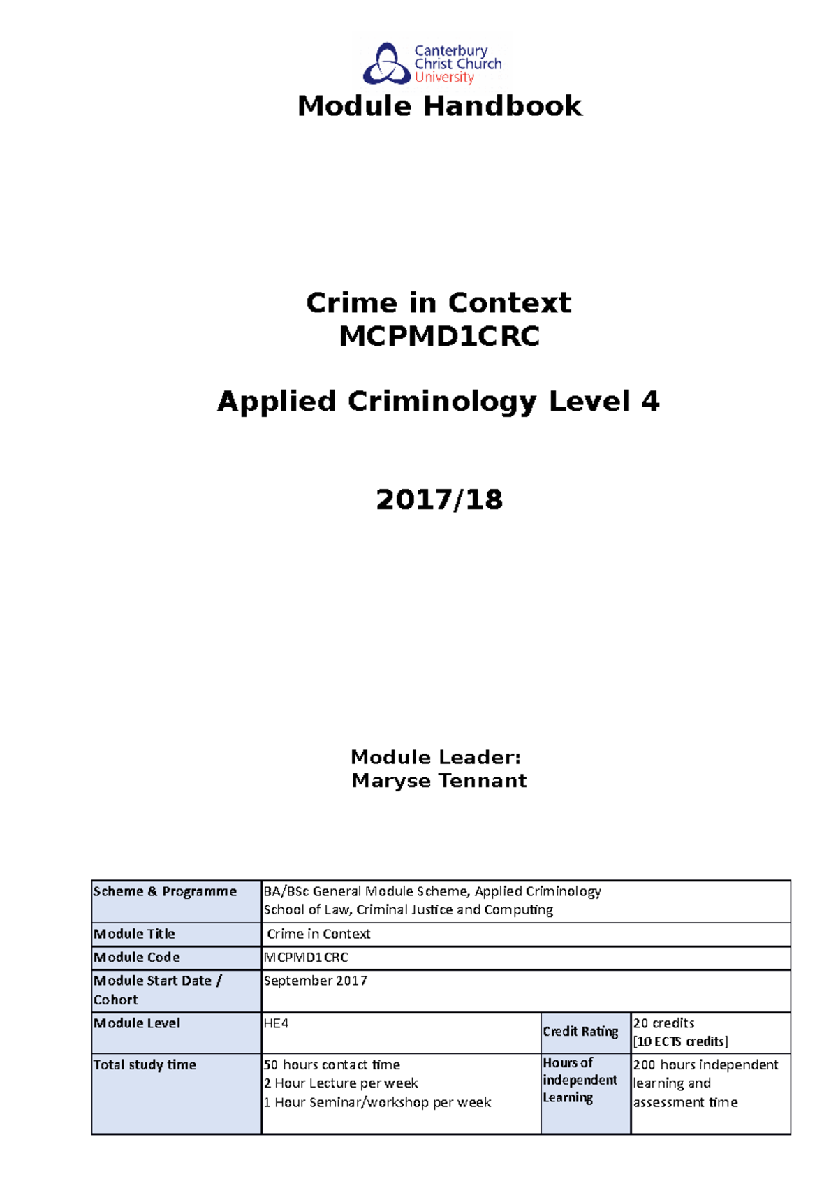 CRC Module Guide 17-18 New format - Module Handbook Crime in Context ...