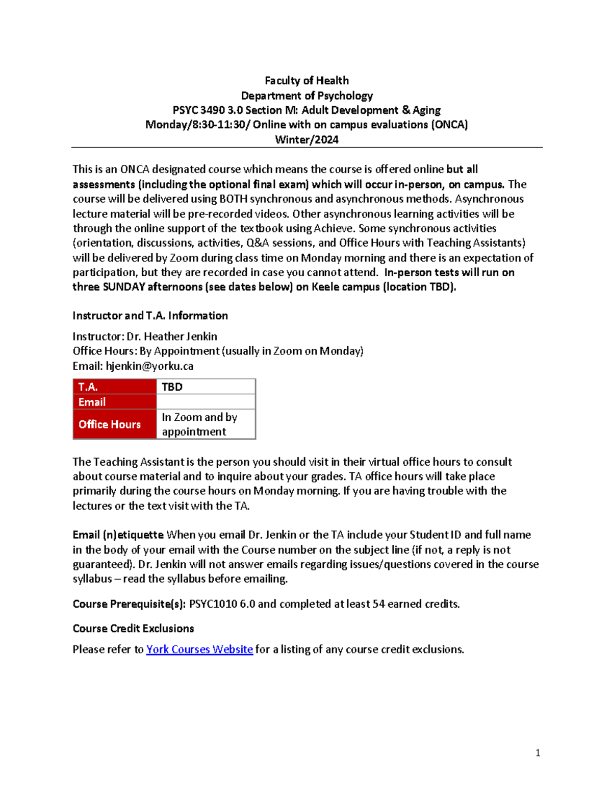 Course Outline - Faculty of Health Department of Psychology PSYC 3490 3 Section M: Adult ...