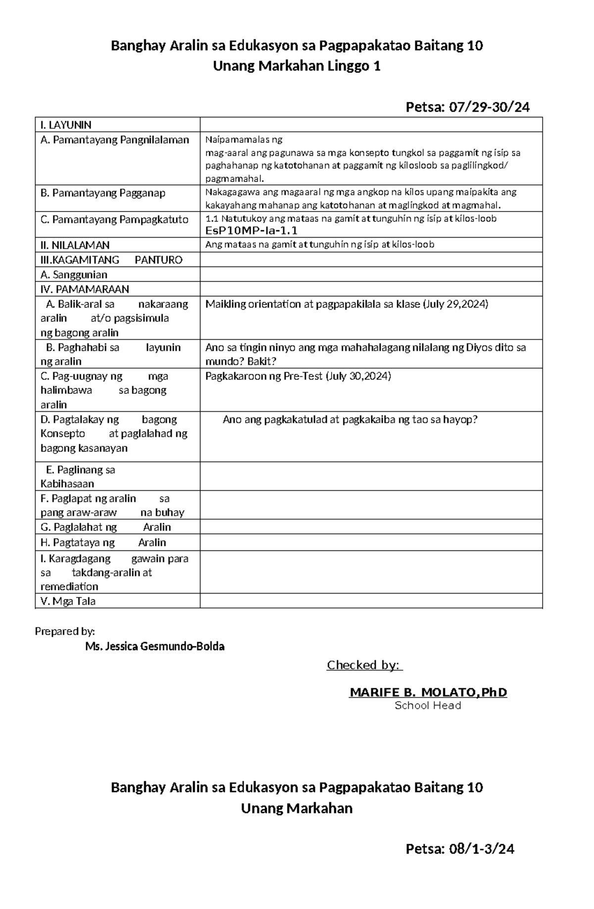 Banghay Aralin sa Es P10 Q1 - Banghay Aralin sa Edukasyon sa Pagpapakatao Baitang 10 Unang ...