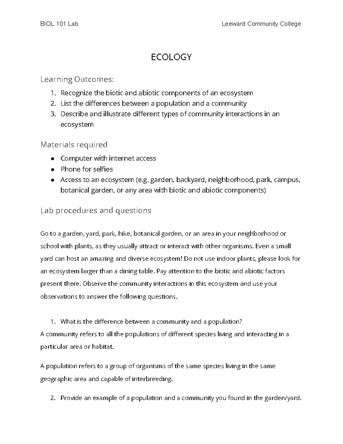 Copy of Worksheet #11 - Ecology - ECOLOGY Learning Outcomes: 1. Recognize the biotic and abiotic ...
