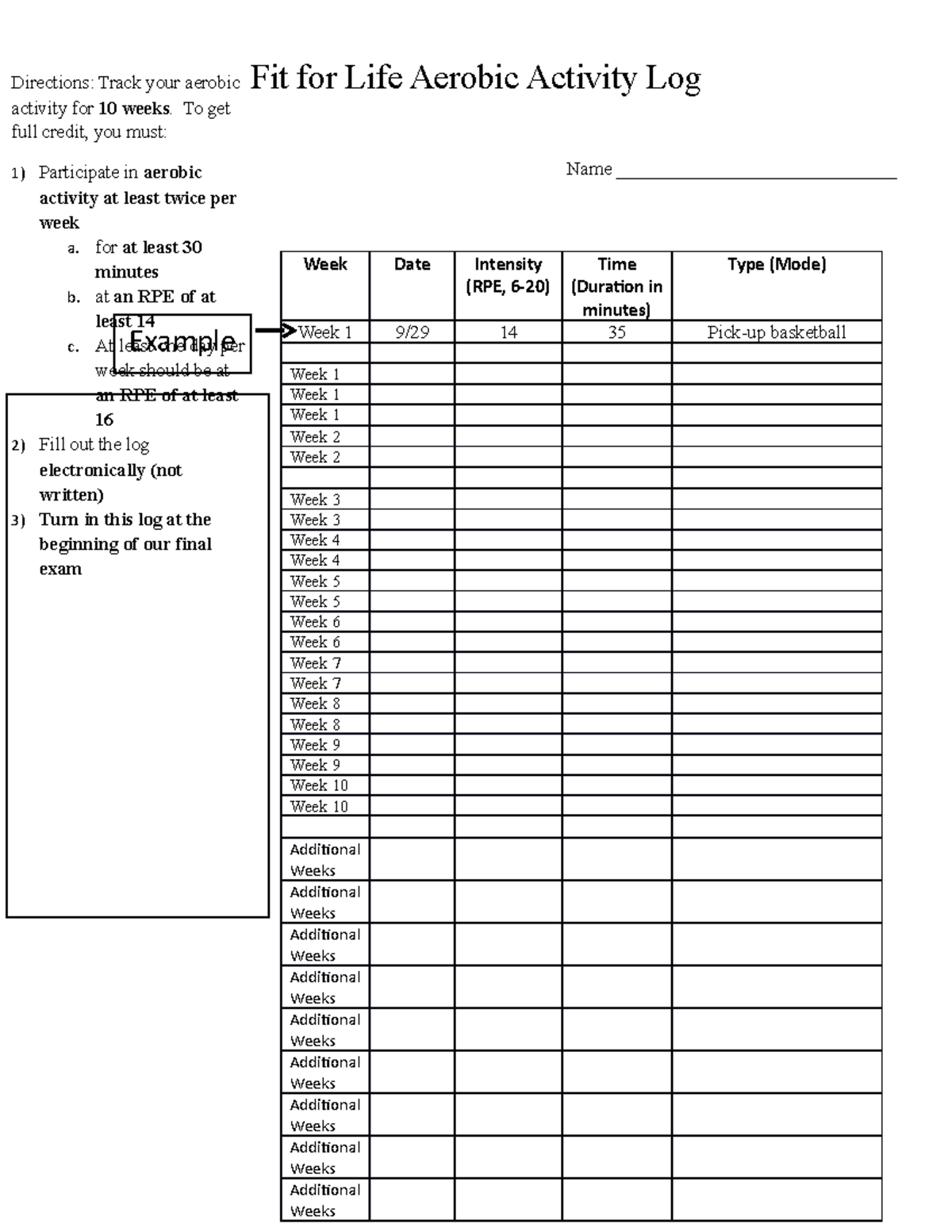 2 - FFL Exercise Log - log - Fit for Life Aerobic Activity Log Name
