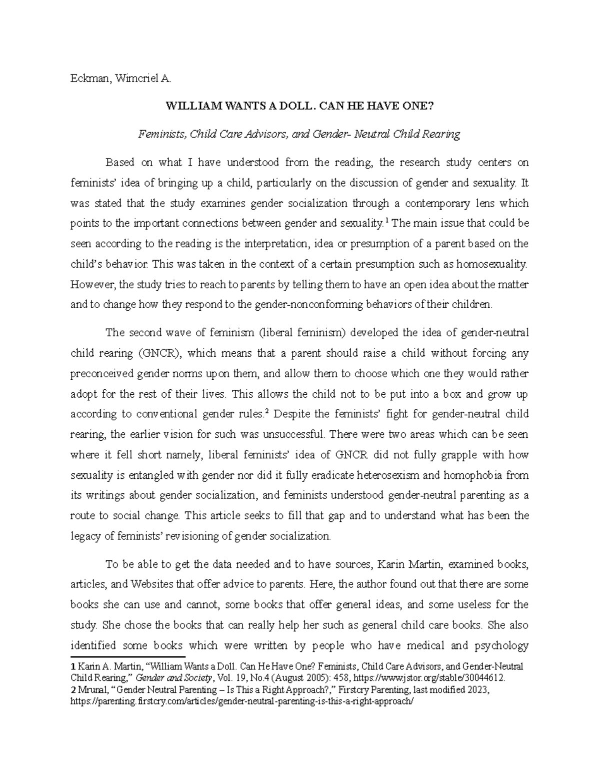 William Wants a doll write up - Eckman, Wimcriel A. WILLIAM WANTS A ...