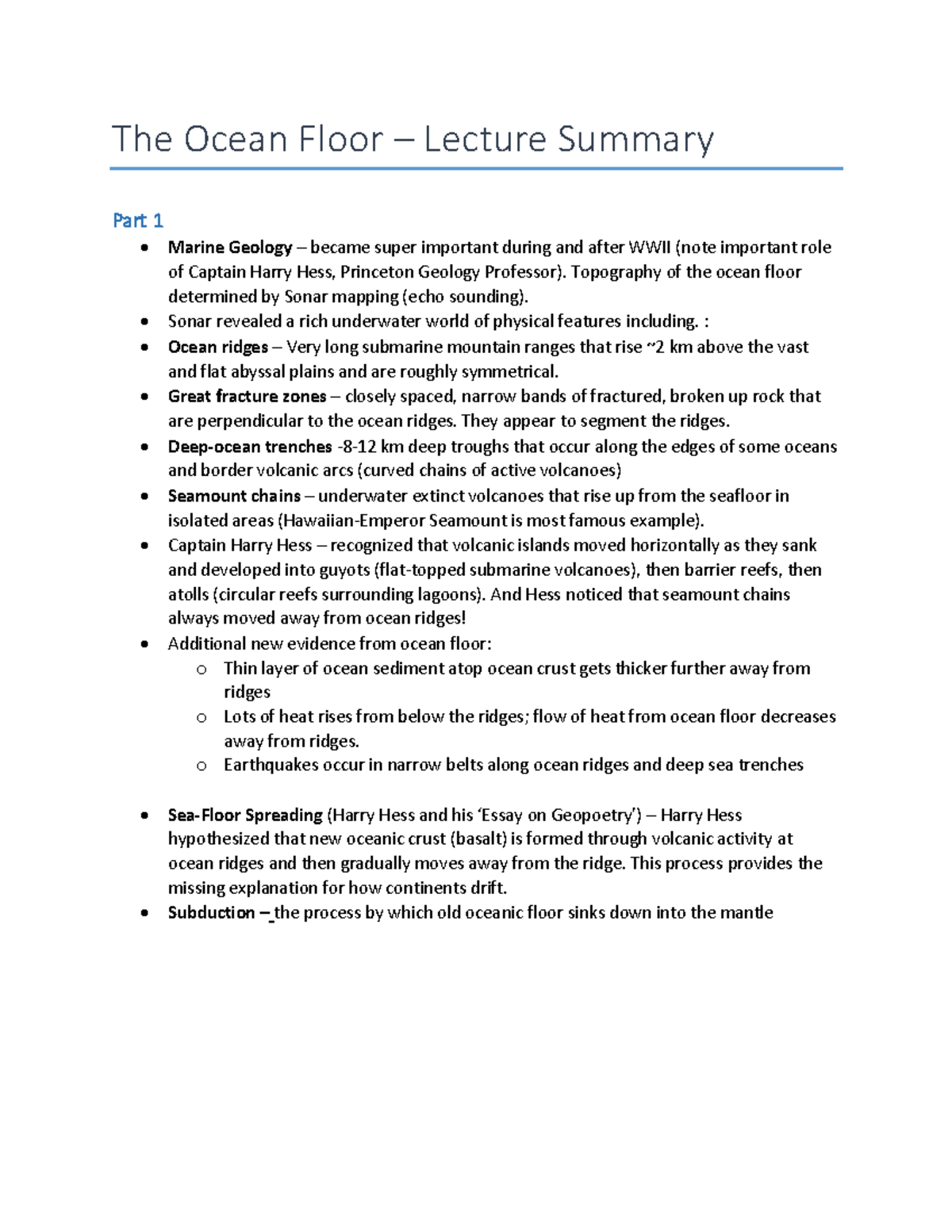 Lecture Summary-The Ocean Floor-GEOL 11040 - The Ocean Floor – Lecture ...