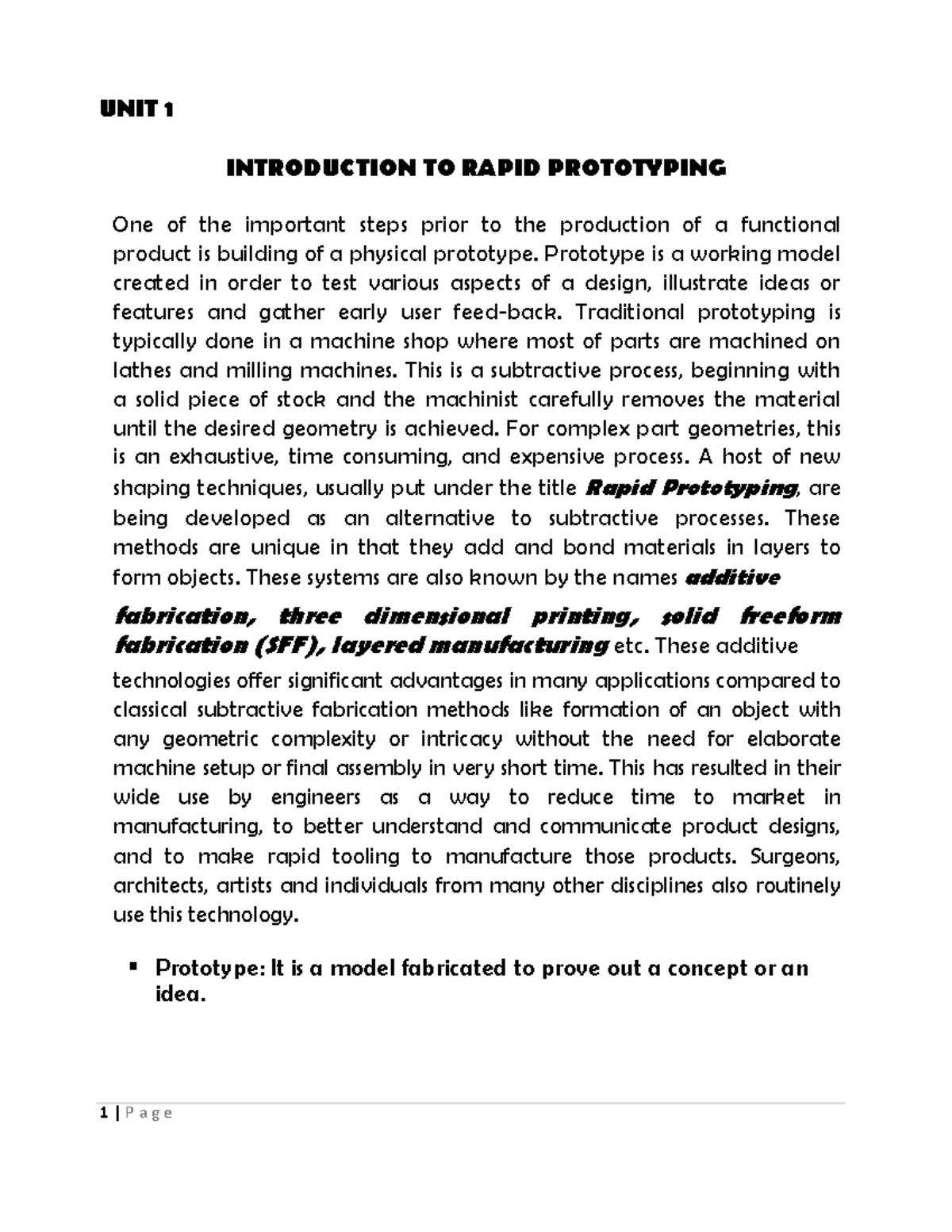 Stu RPT Notes - UNIT 1 INTRODUCTION TO RAPID PROTOTYPING One of the ...