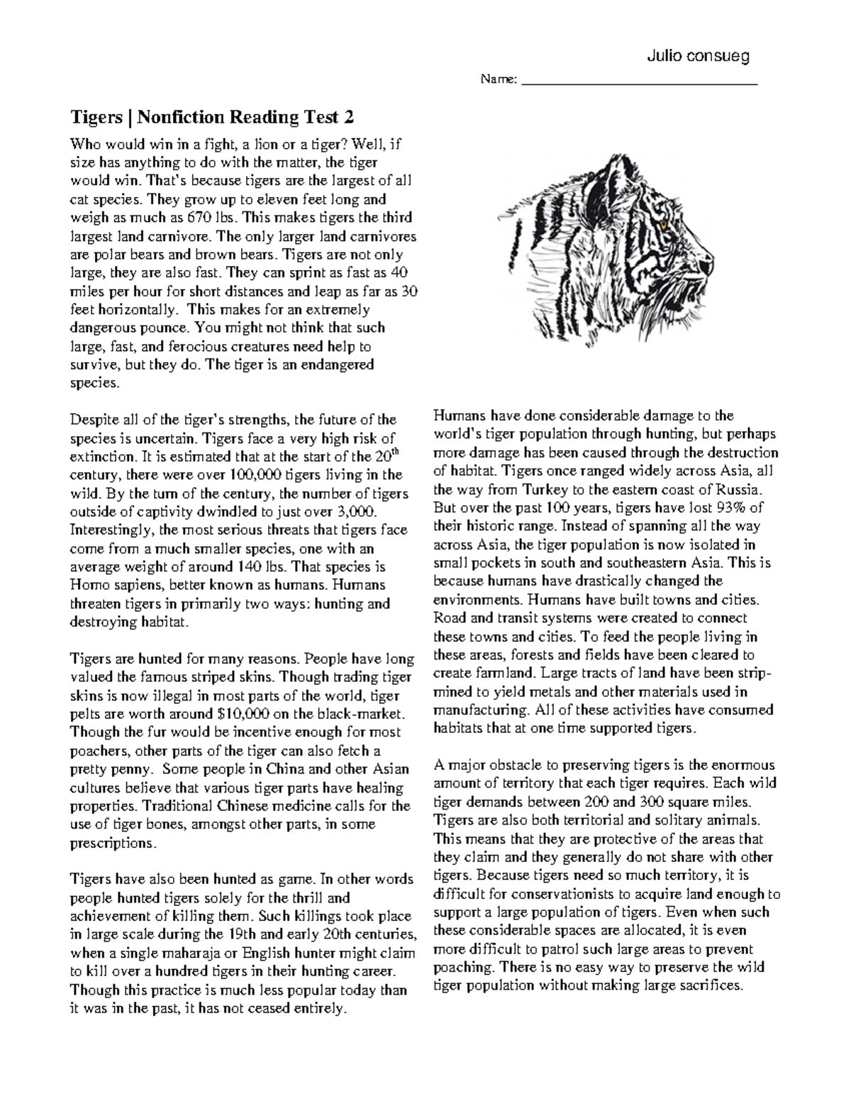 Nonfiction reading test 2 tigers - Name ...