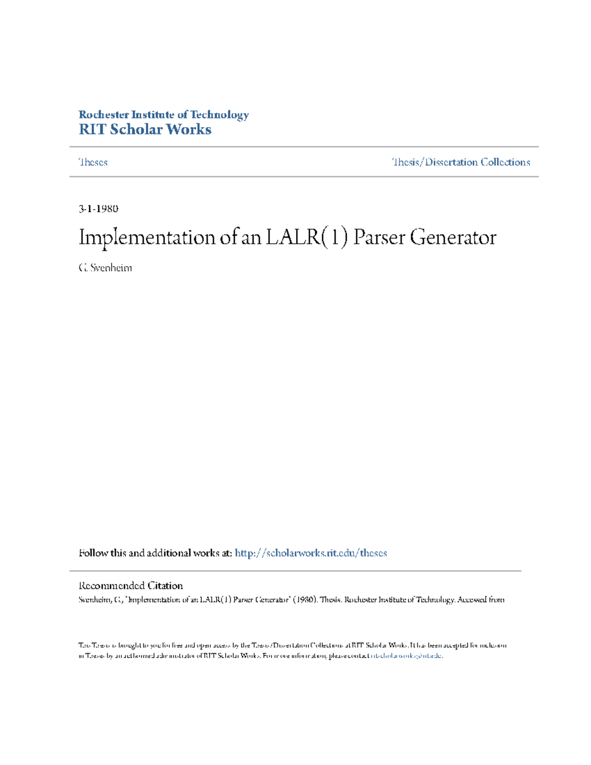 Implementation of an LALR(1) Parser Generator - Rochester Institute of Technology RIT Scholar ...