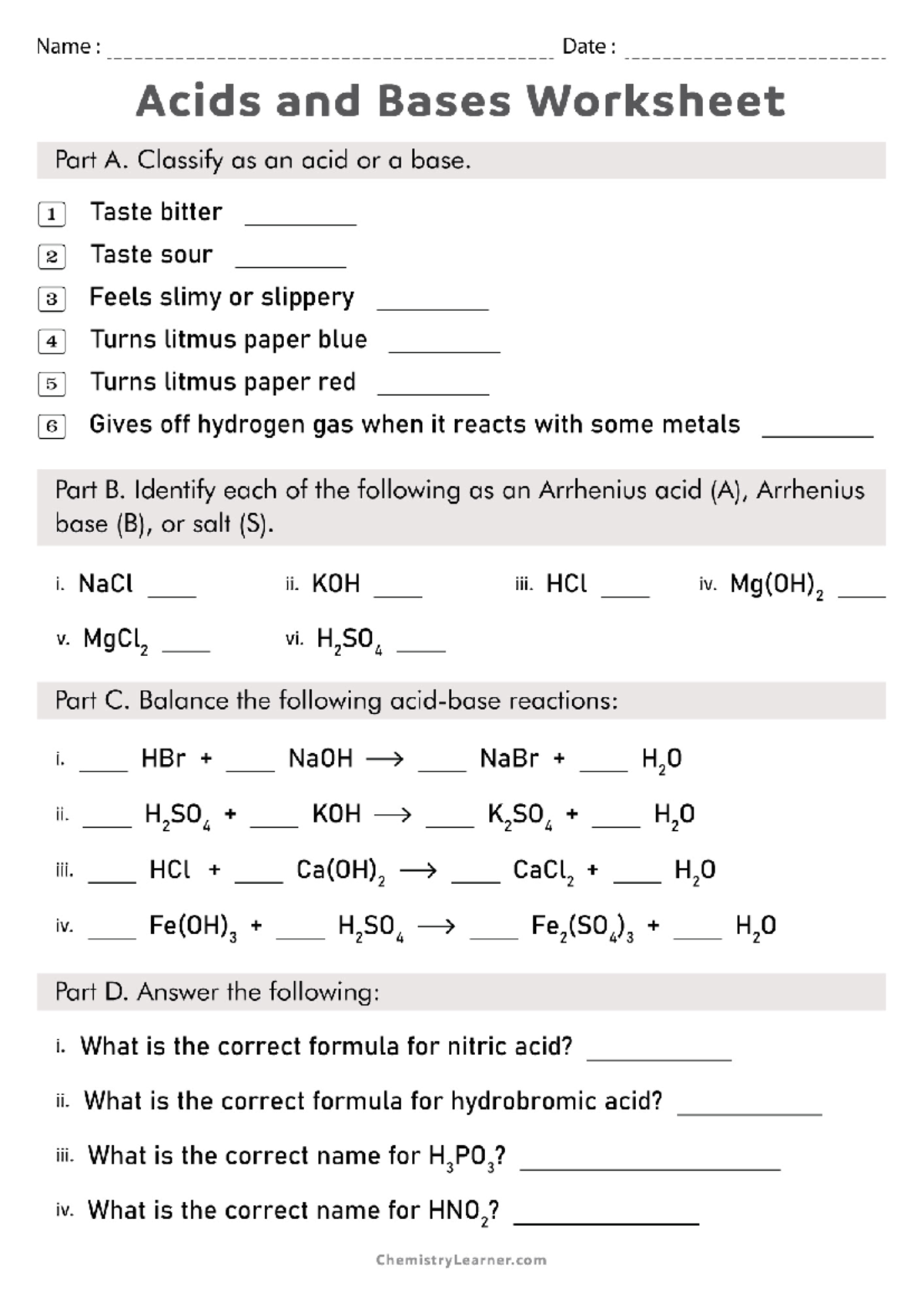 Acids and Bases Worksheet - Classify as an acid or a base. 1 Taste ...
