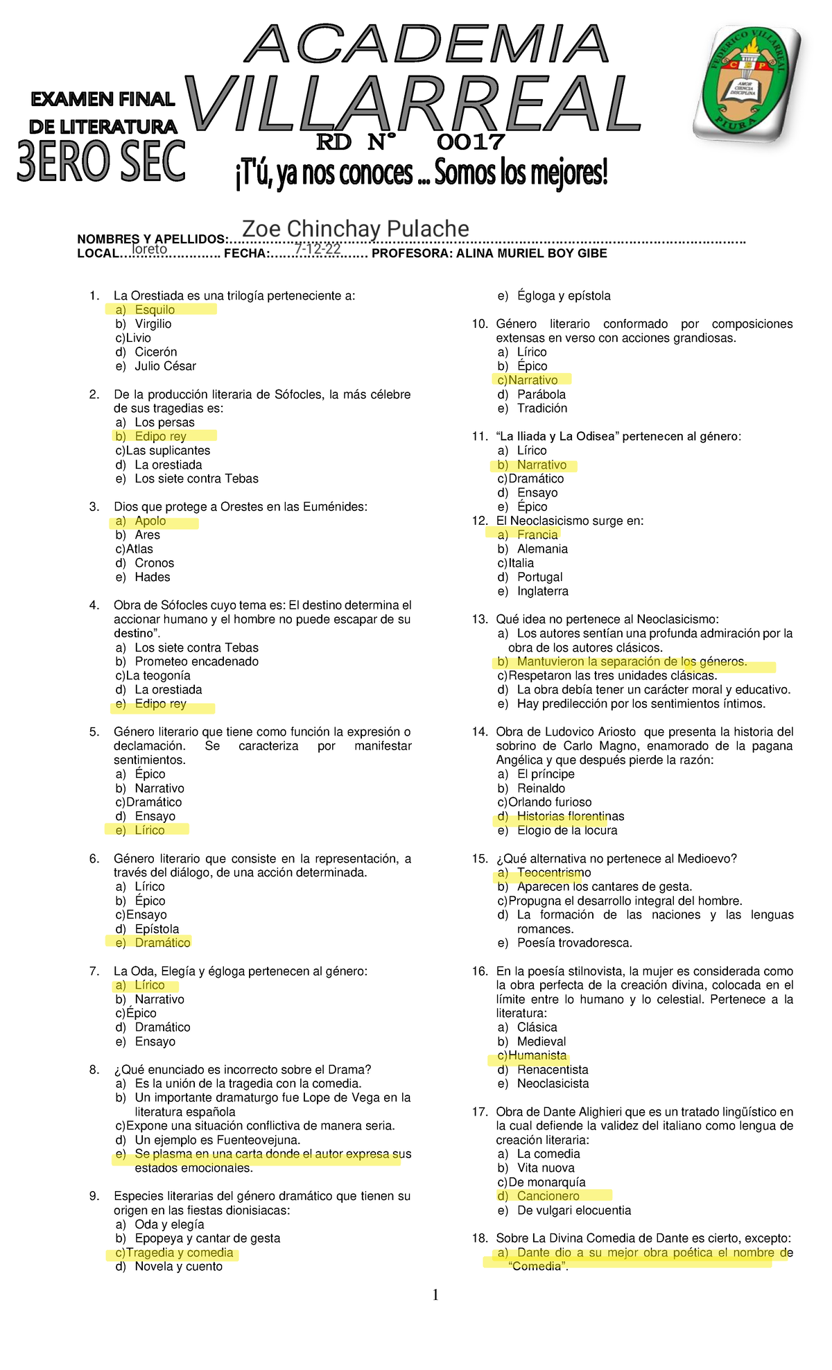 Examen de Literatura - 1 NOMBRES Y - Studocu
