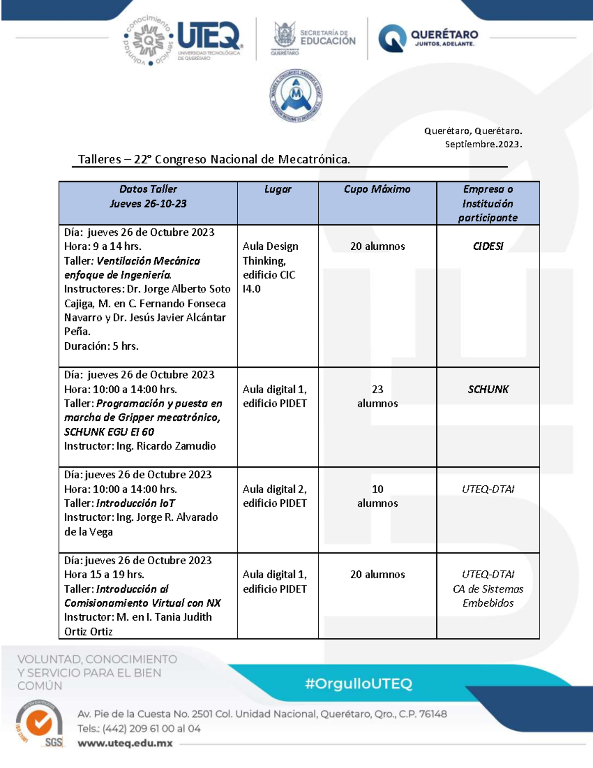 Talleres OK - Jjj - Querétaro, Querétaro. Septiembre. Talleres – 22 ...