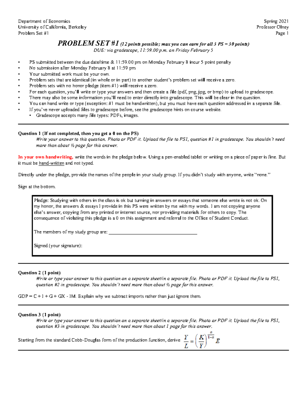 PS1 - Problem Set Questions to help students - Department of Economics Spring 2021 University of ...