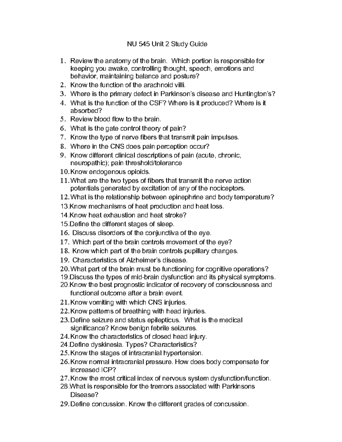 Unit 2 study guide revised Jan 2018 - NU 545 Unit 2 Study Guide 1 ...