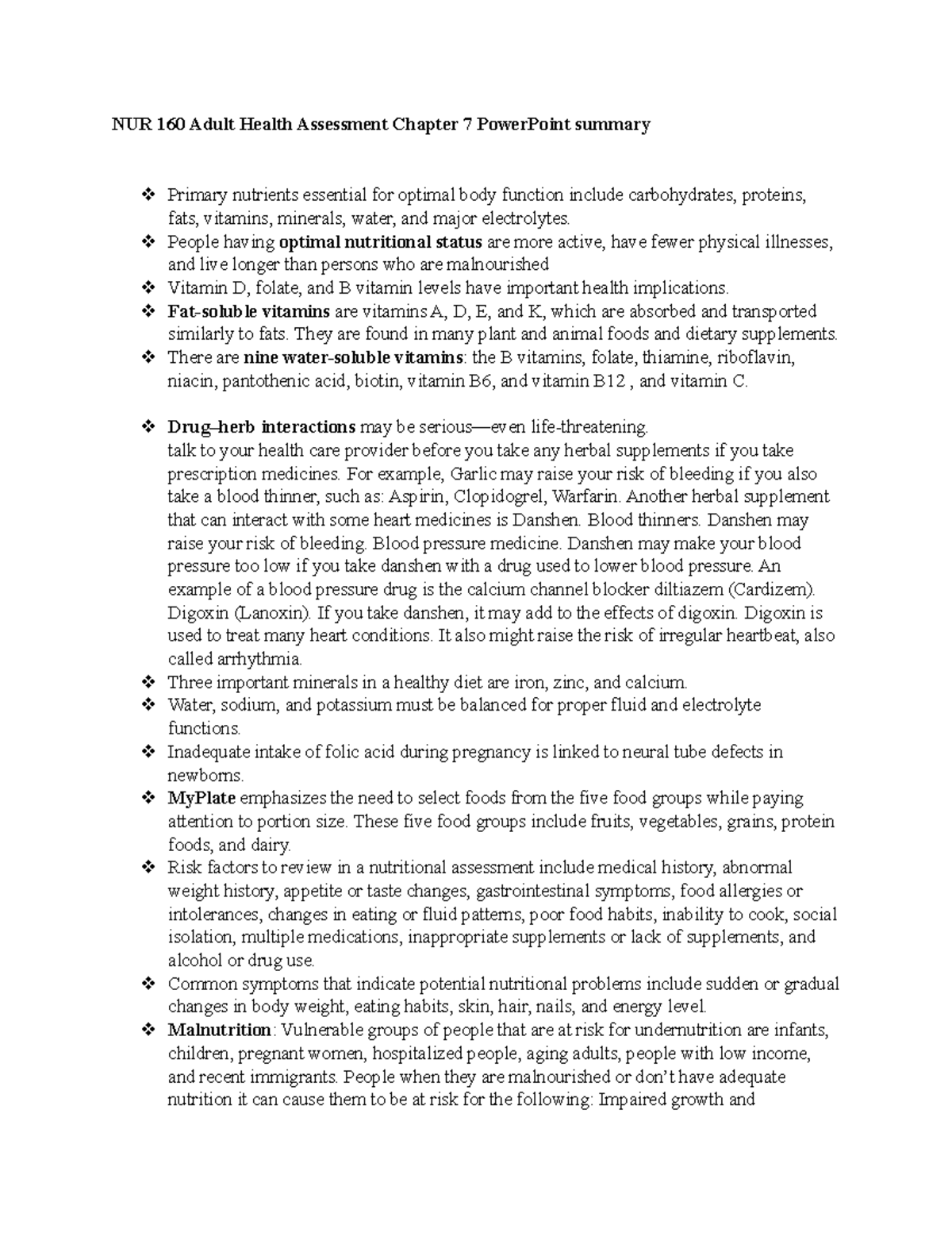 Adult Health Assment Chapter 7 summary - NUR 160 Adult Health ...